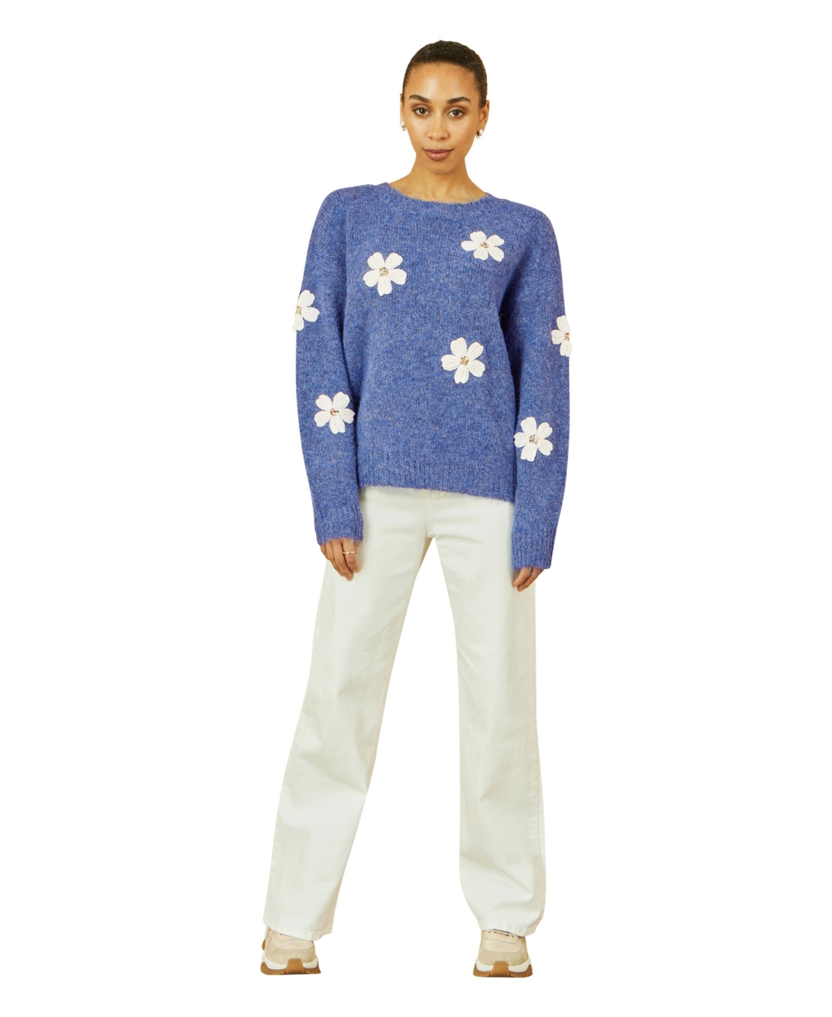Click here for Yumi Womens Crochet Flower Knit Sweater - Blue prices