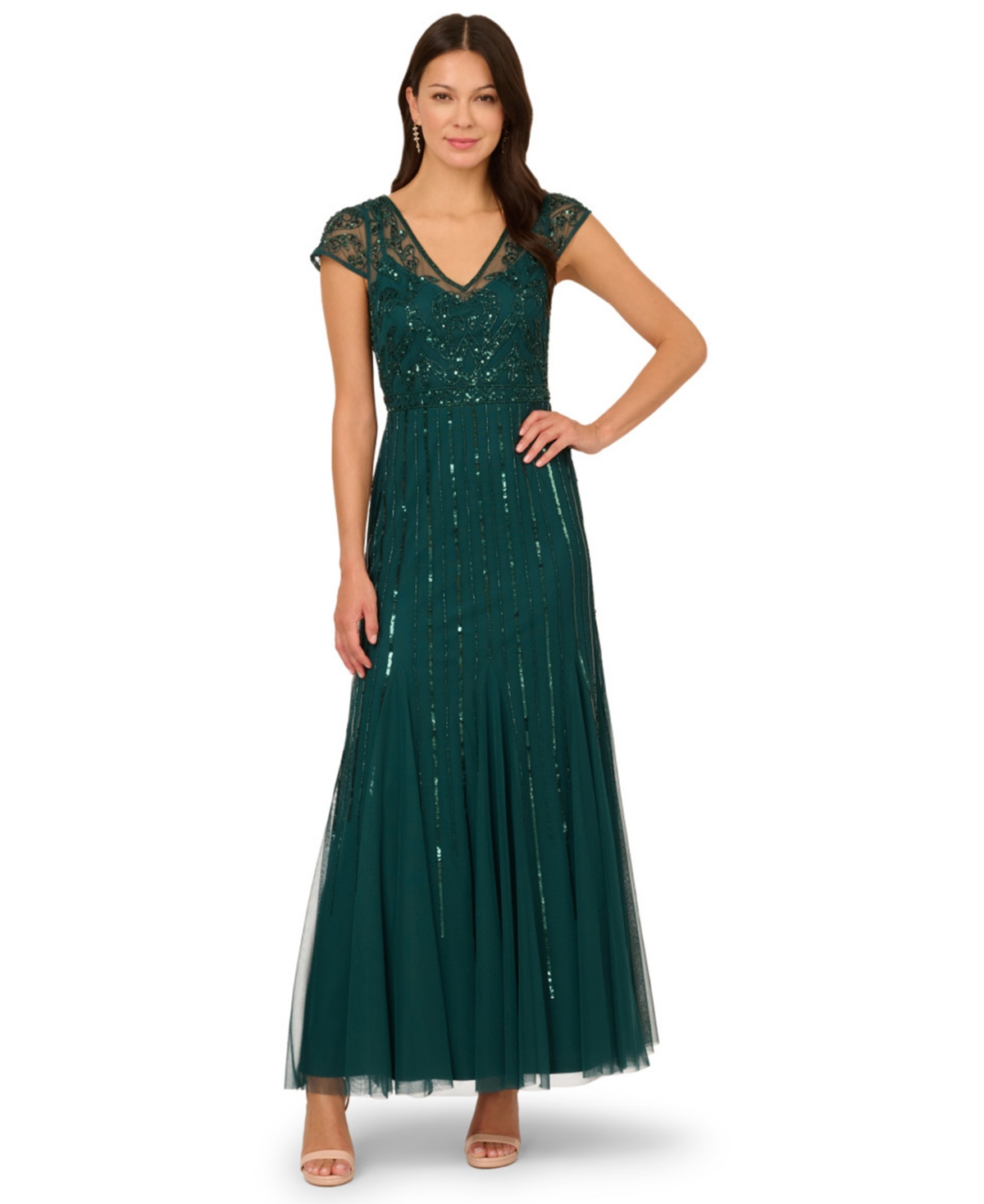 Click here for Adrianna Papell Womens Embellished V-Neck Godet Go... prices