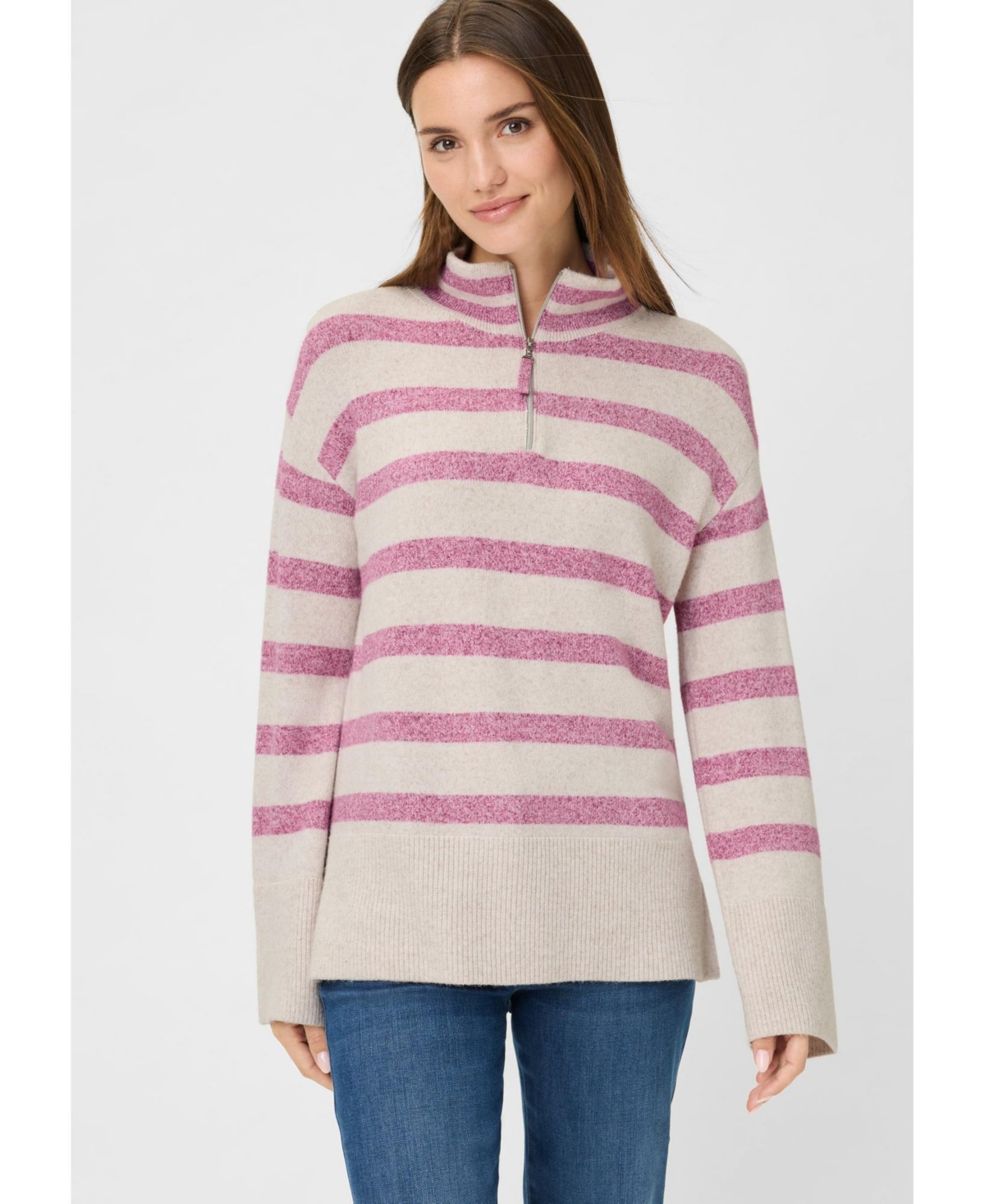 Click here for Olsen Striped 1/4 Zip Mock Neck Sweater - Boysenbe... prices