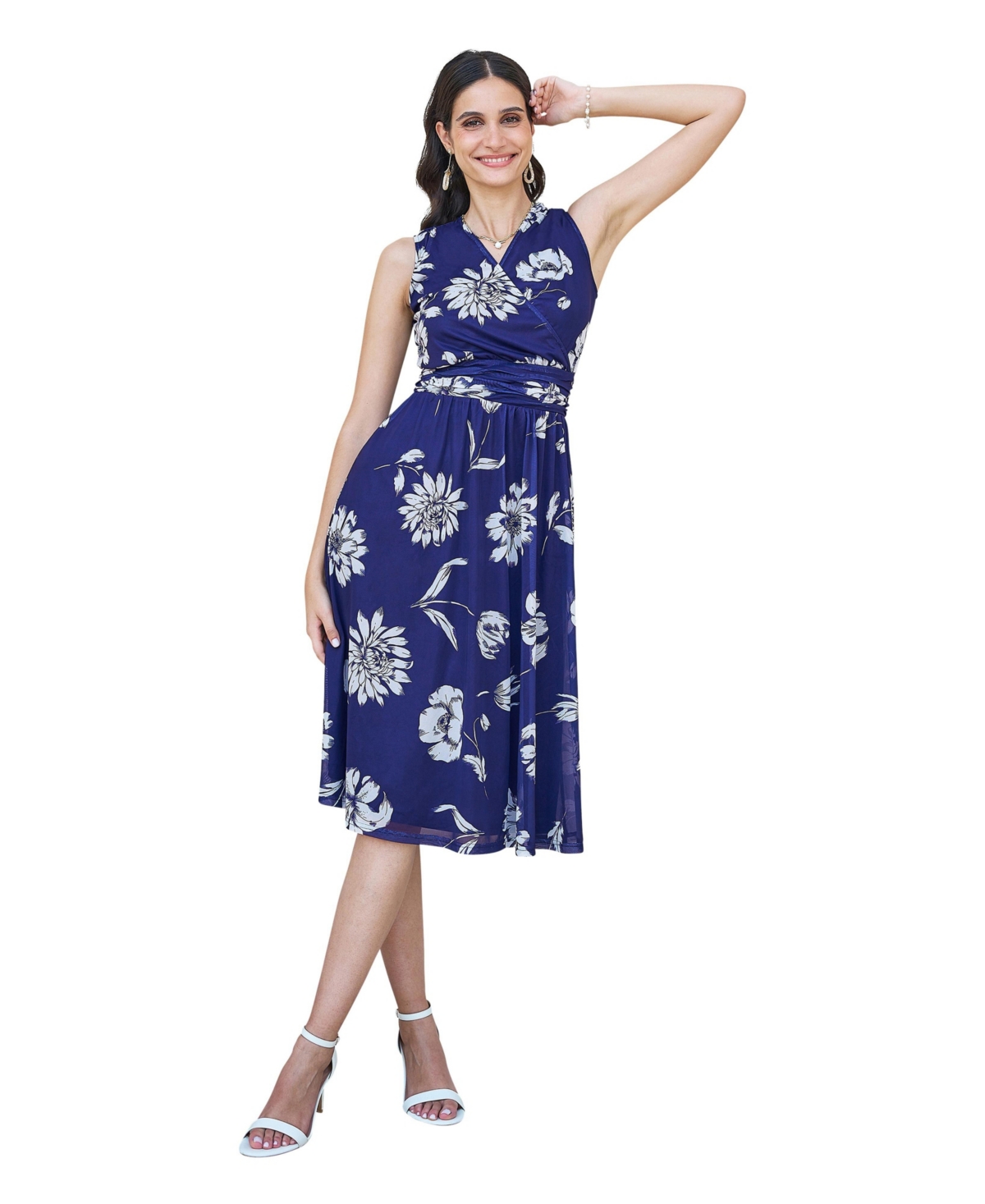 Click here for Yumi Womens Floral Print Stretch Mesh Dress - Navy prices