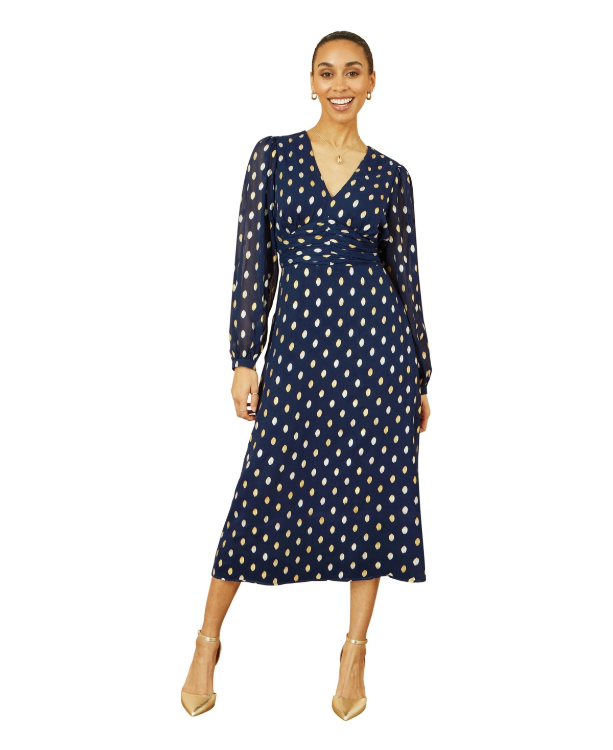 Click here for Yumi Womens Elegant Foil Print Midi Dress - Navy prices