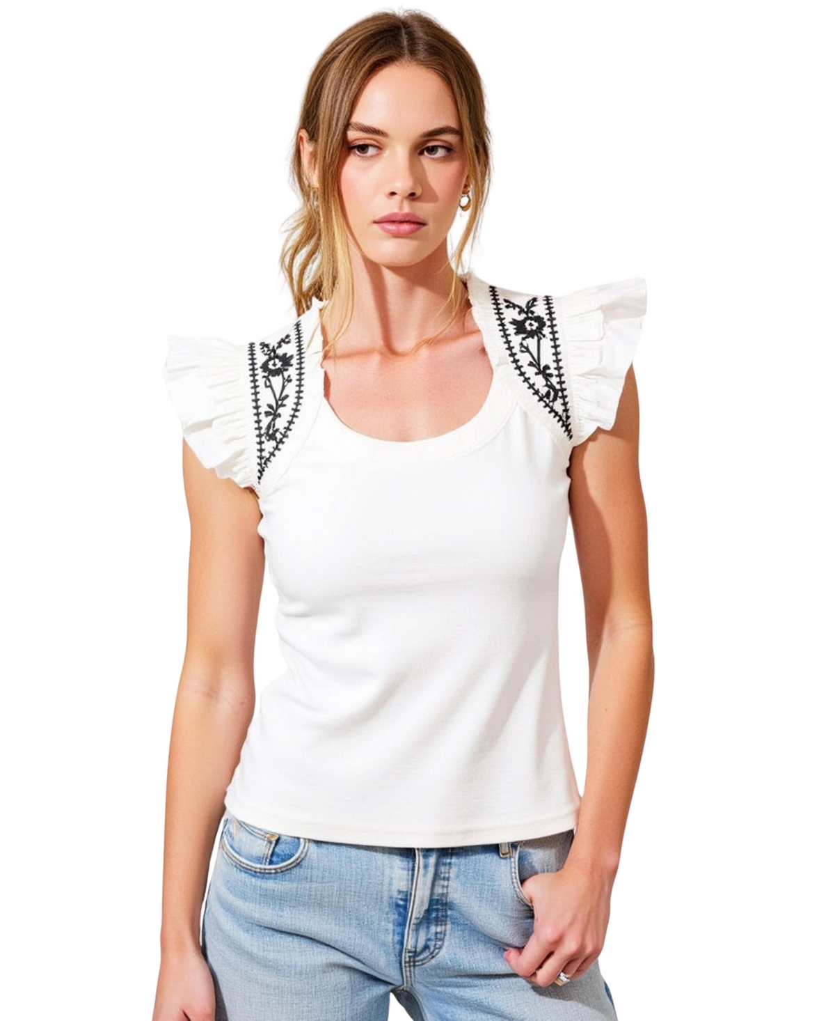 Click here for Modenaire Womens Ruffled Cap Sleeve Embroidered Kn... prices