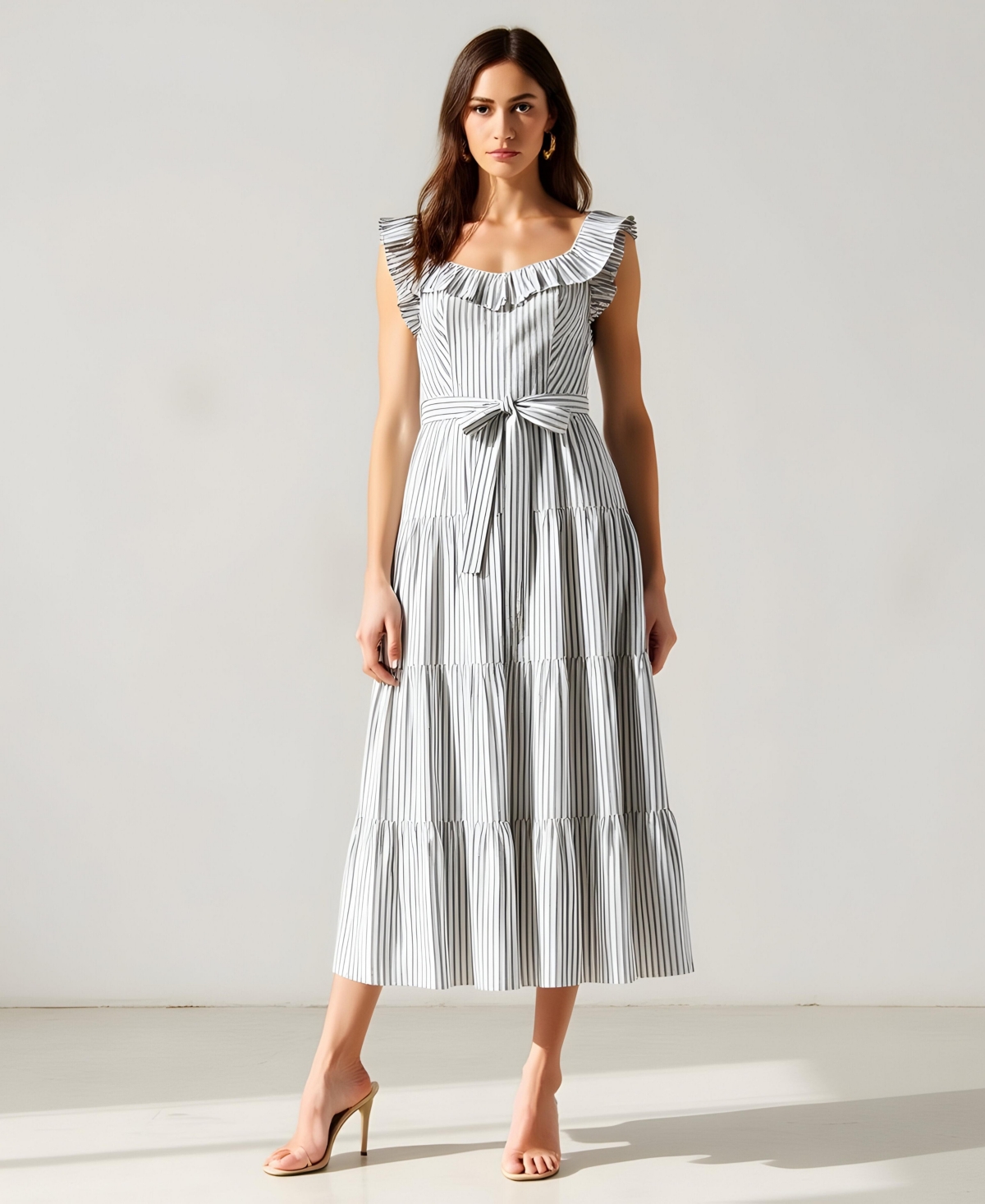 Click here for Modenaire Womens Striped Tiered Ruffle-Sleeve Midi... prices