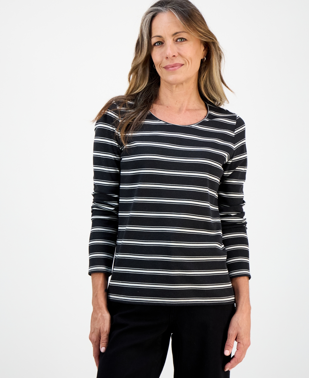 Click here for Style & Co Petite Striped Scoop-Neck Long-Sleeve T... prices