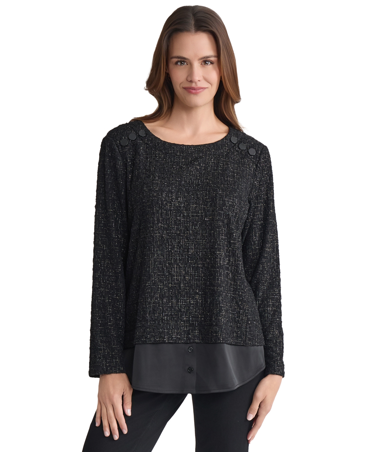 Jones New York Womens Textured Contrast-Hem Top - Jones Black