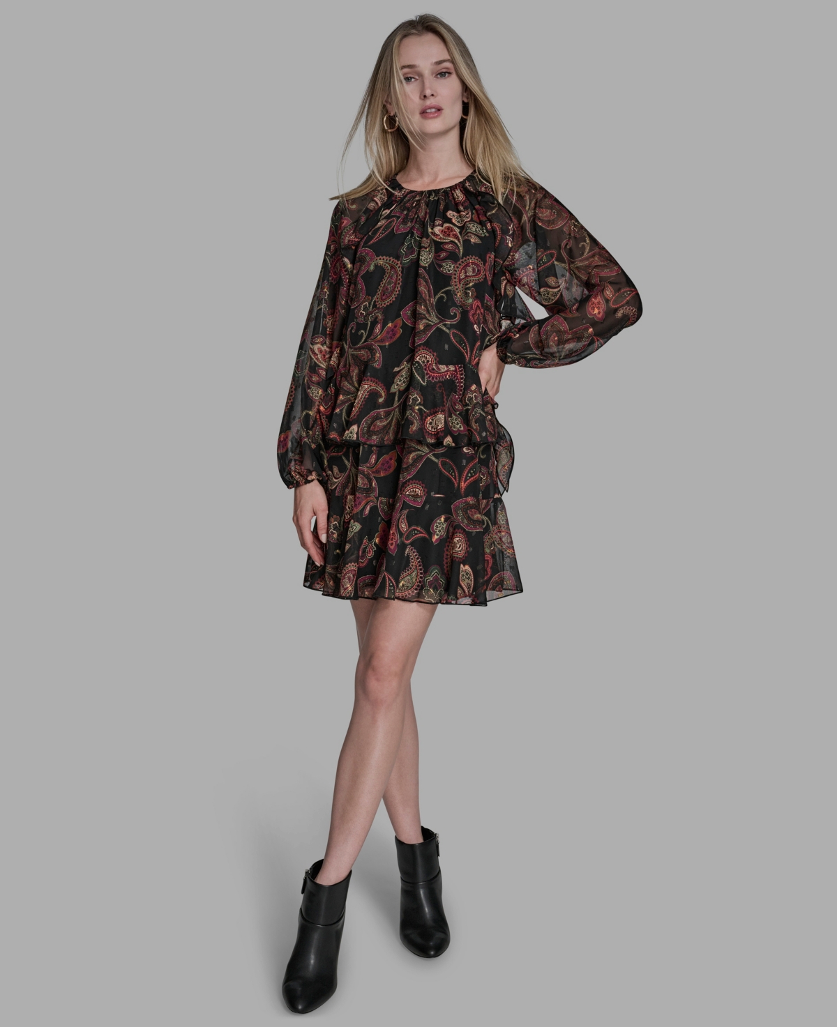 Click here for Bcbg Womens Crewneck Long Sleeve Dress - Brown mul... prices