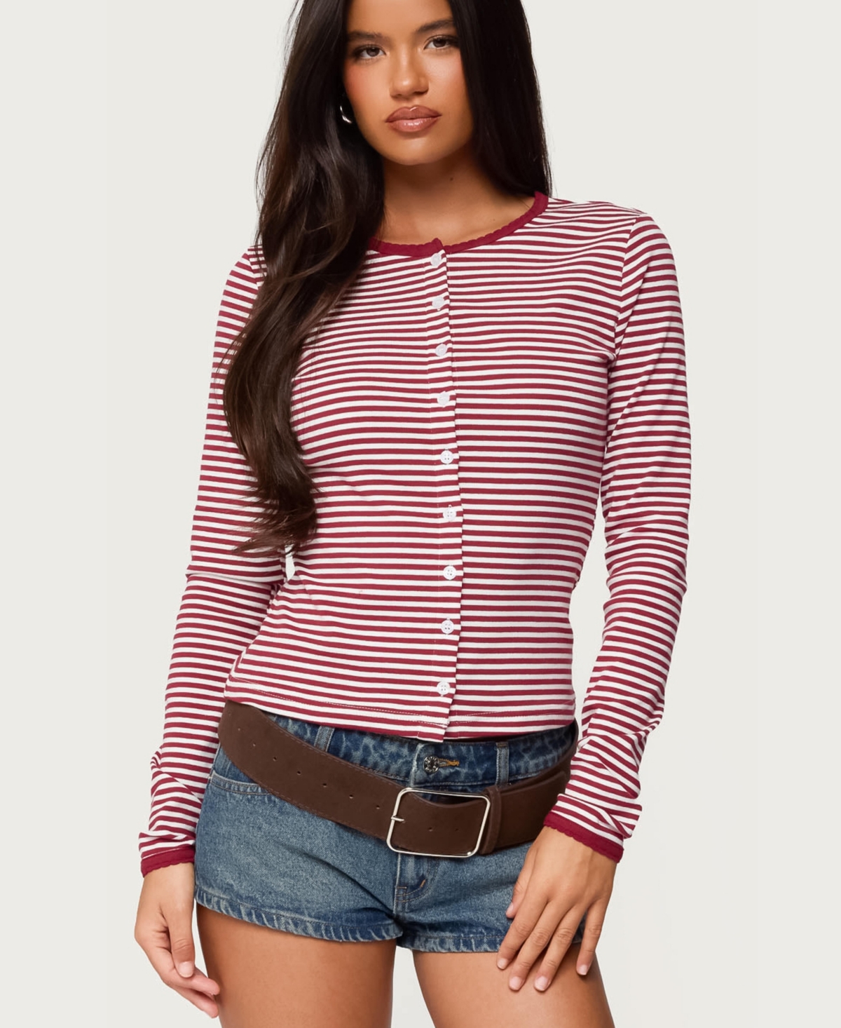 Click here for Edikted Womens Rayla Striped Button Up Top - Red prices