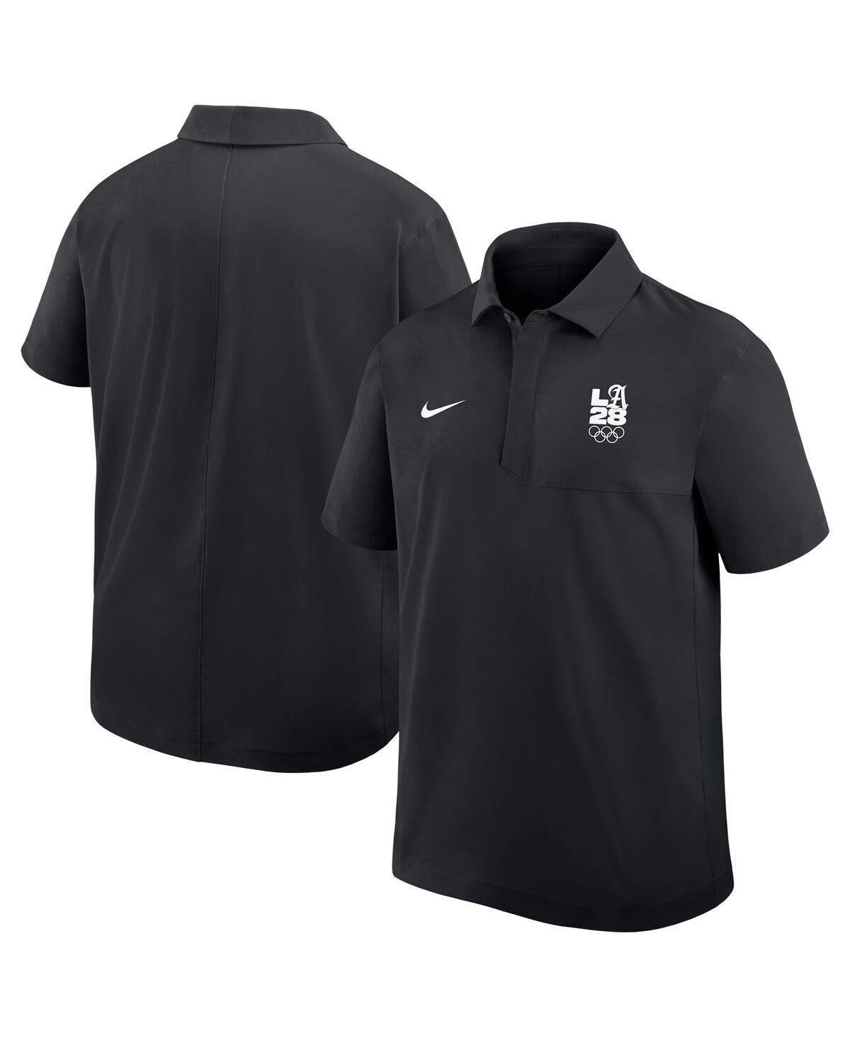 Click here for Nike Mens Black LA28 Summer Script Logo Woven Polo... prices