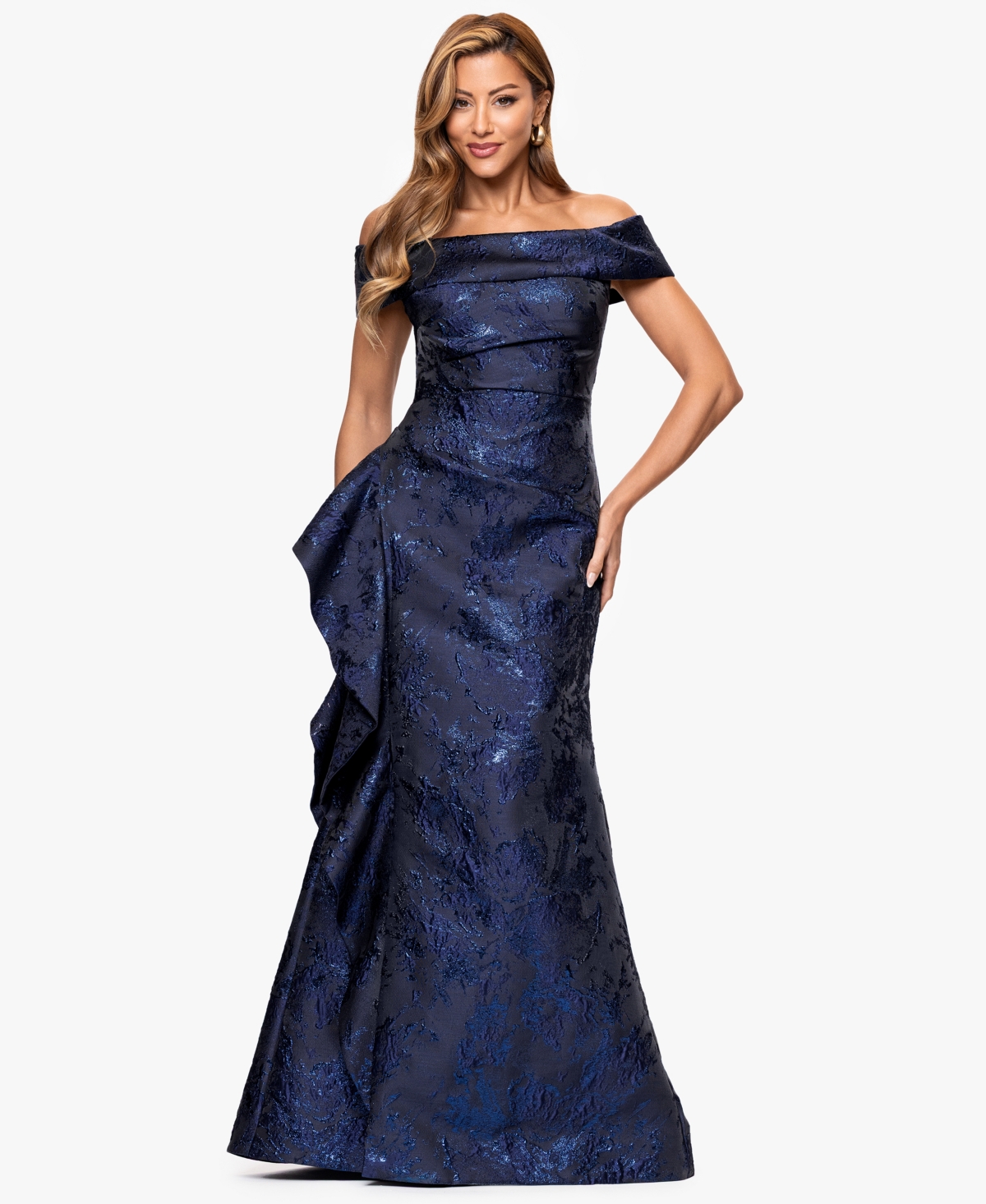 Click here for Xscape Petite Long Off-The-Shoulder Brocade Side R... prices