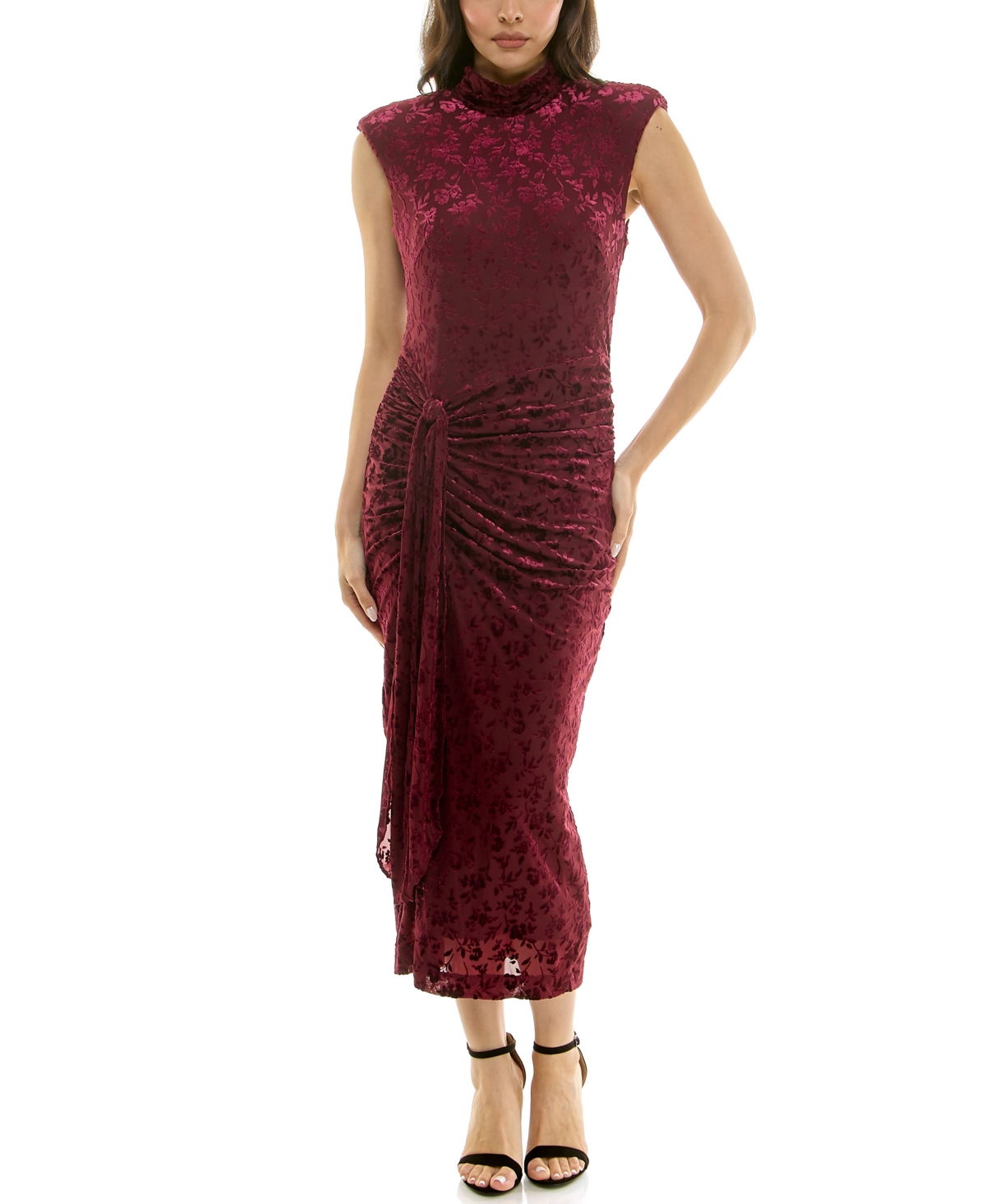 Taylor Womens Tie Front Mock Neck Midi Dress - Claret