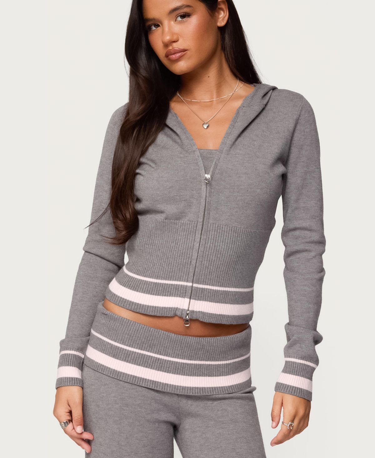 Click here for Edikted Womens Kaliya Stripey Knit Zip Up Hoodie -... prices