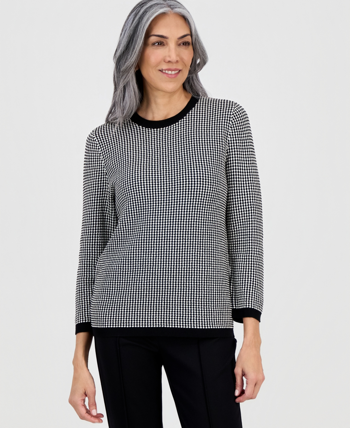 Click here for Kasper Womens Geometric-Print Crewneck Sweater - B... prices