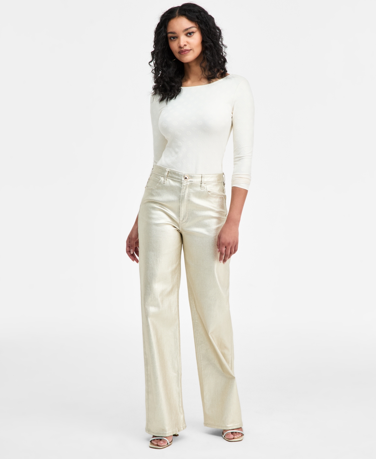 Click here for Guess Womens Foil High-Rise Wide-Leg Jeans - PLATI... prices