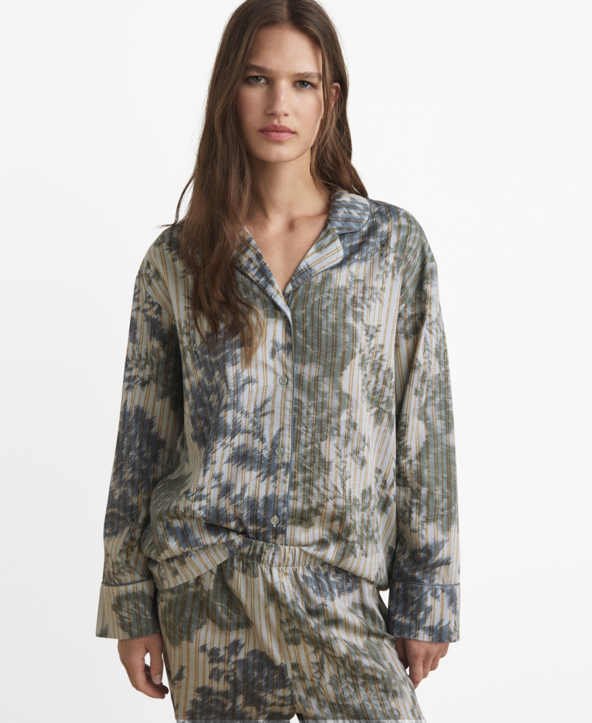 Click here for Mango Womens Blurred Print Pajama Shirt - Green prices