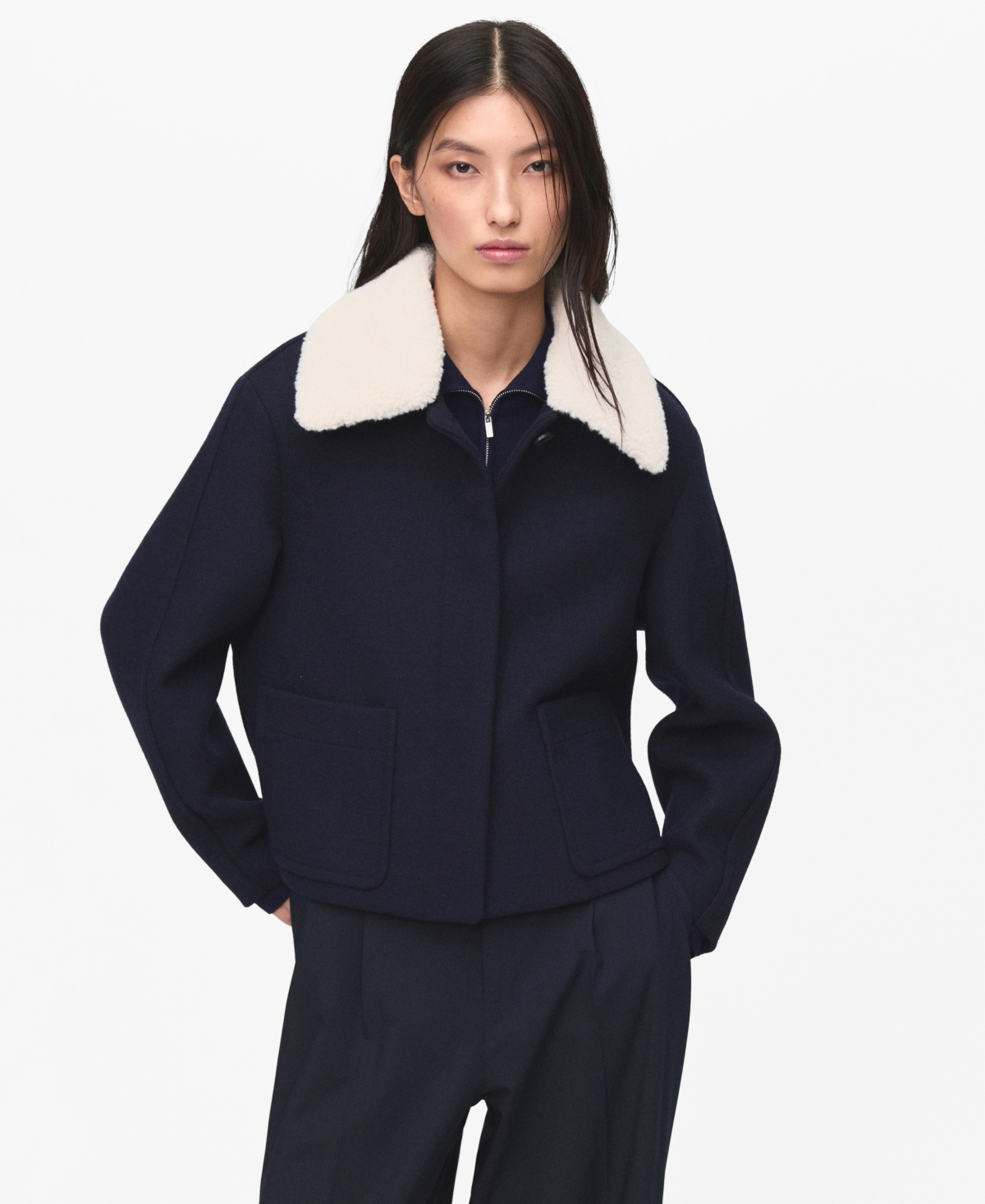 Click here for Mango Womens Borg Collar Wool Blend Jacket - Navy prices