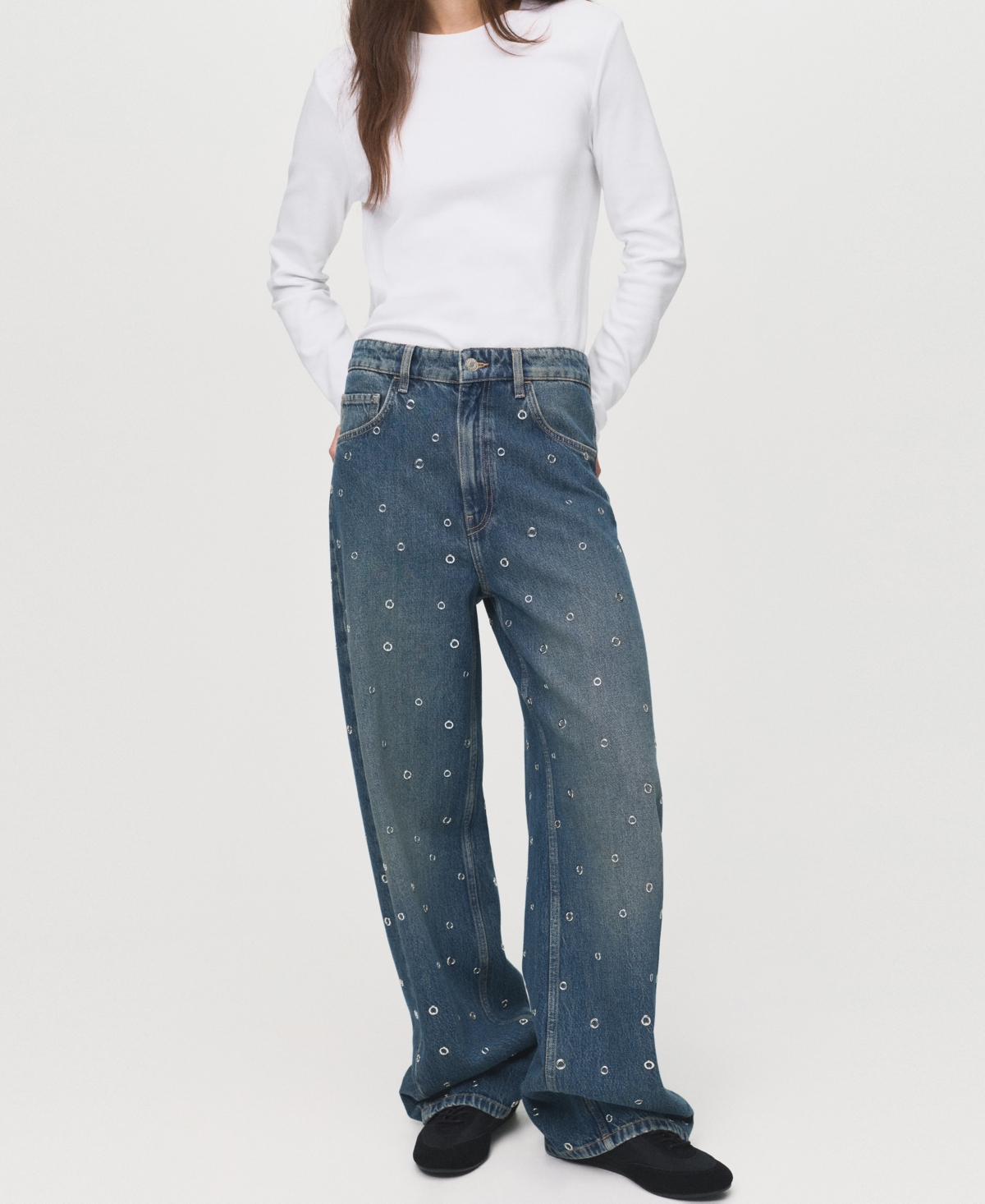 Click here for Mango Womens Eyelets Detail Balloon Jeans - Dark V... prices