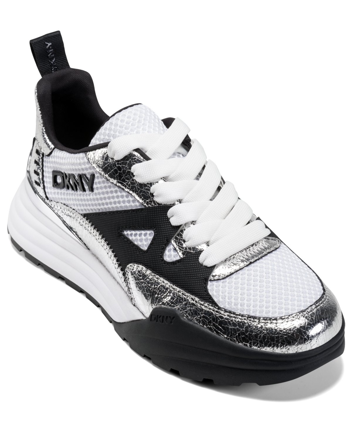 Click here for Dkny Womens Zanira Lace Up Sneaker - Nickel/Black prices