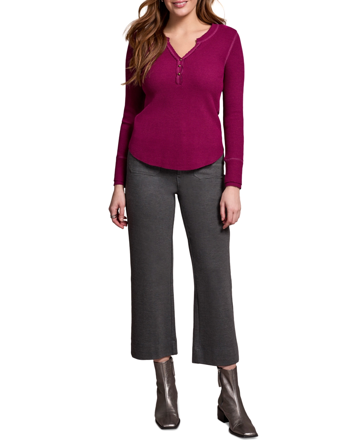 Click here for Tribal Womens Brushed Waffle Knit Henley Long Slee... prices