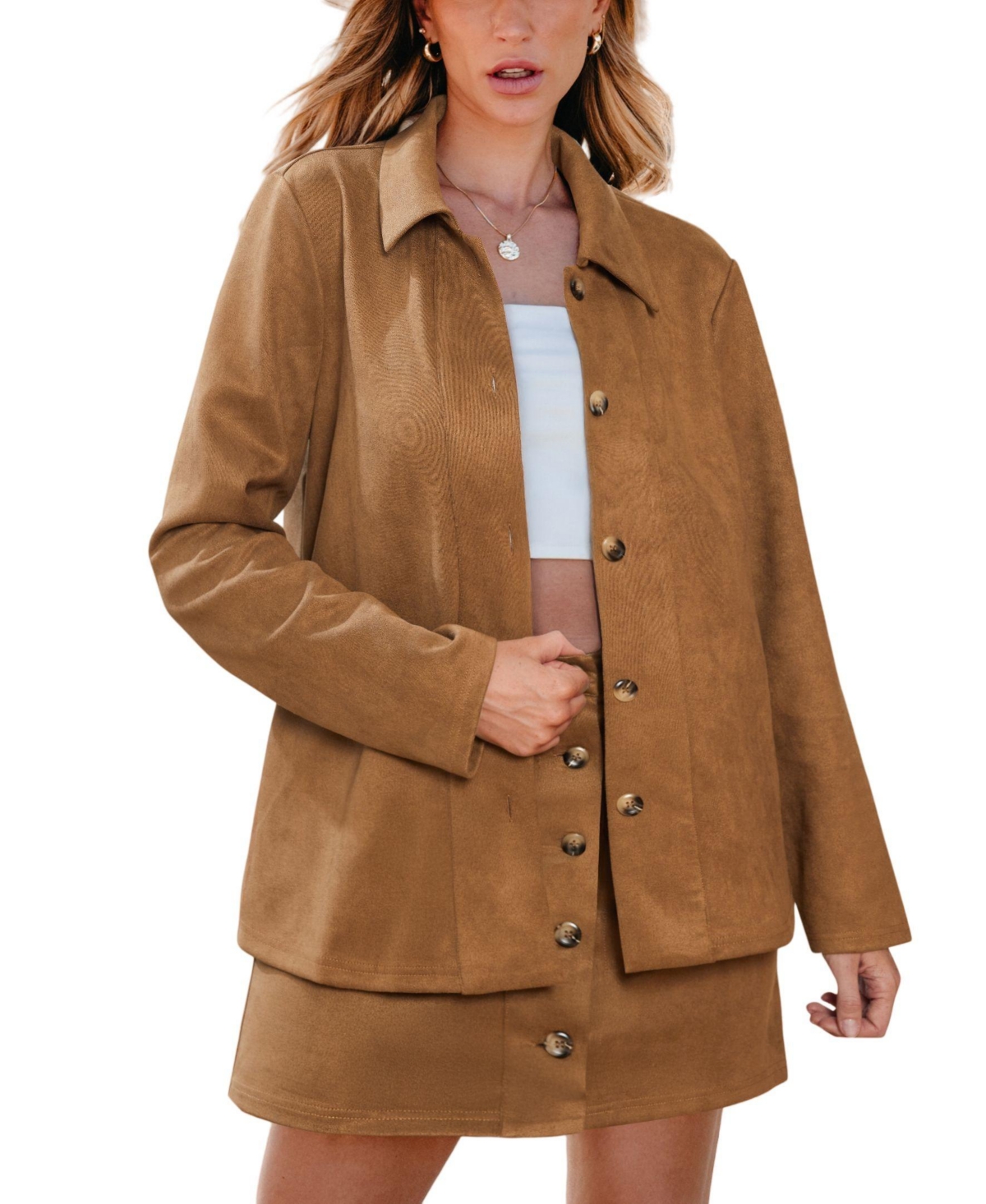 Click here for Cupshe Womens Button Down Suede Matching Skirt Set... prices