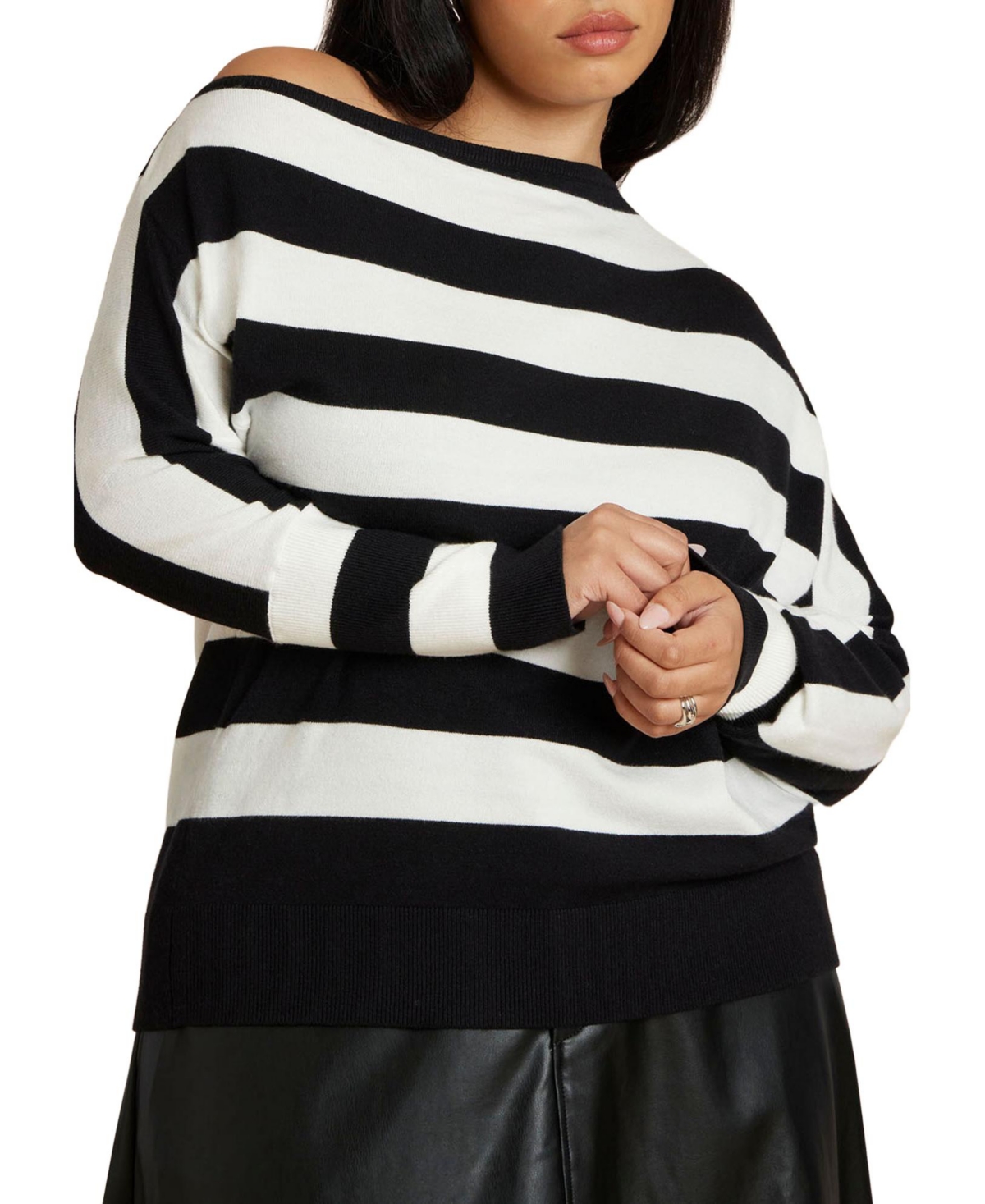 Click here for Eloquii Womens Asym Striped Sweater - Black white... prices