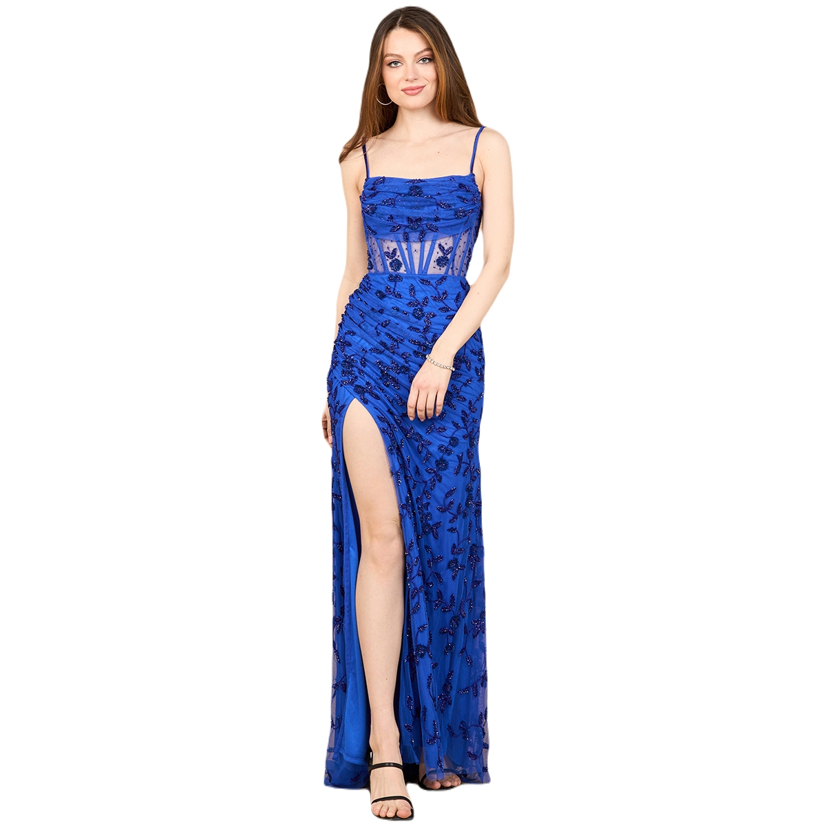 Click here for Lara Womens Beaded Corset Gown with Slit - Royal prices