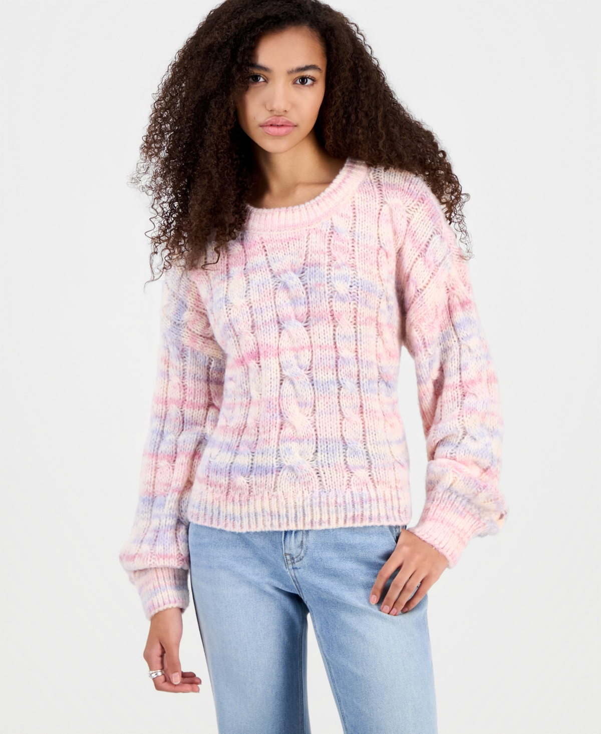Hippie Rose Juniors Chunky Cable-Knit Crewneck Sweater - Pink Multi