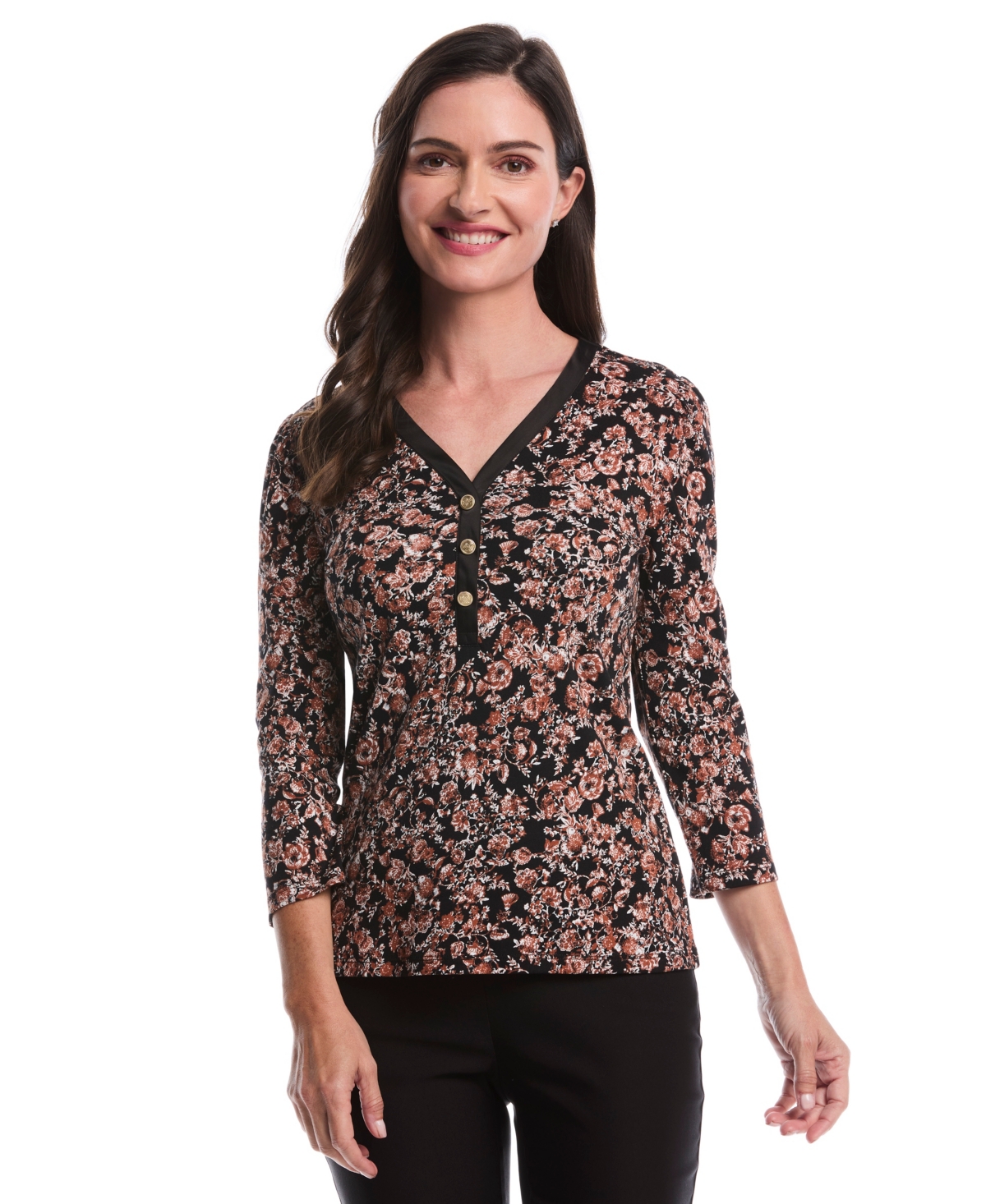 Click here for Rafaella Petite Floral Print 3/4 Puff Sleeve V-Nec... prices