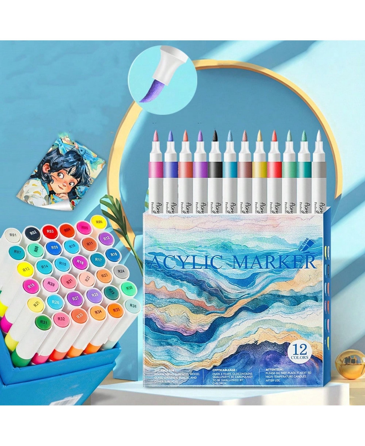 Click here for Htutwoo 12 Colors Acrylic Paint Markers Brush Tip... prices