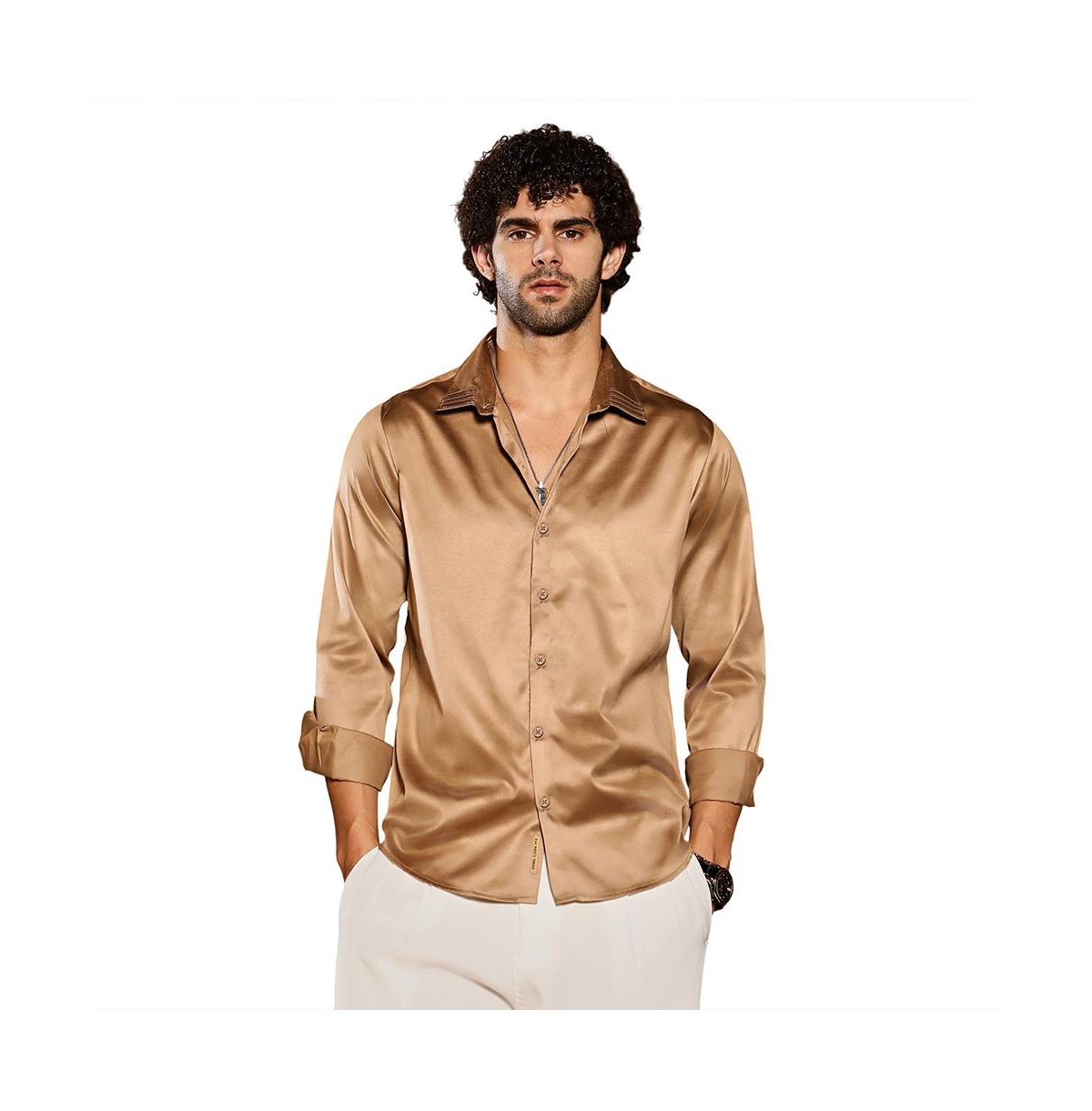 Click here for Campus Sutra Mens Sand Beige Solid Satin Shirt - B... prices