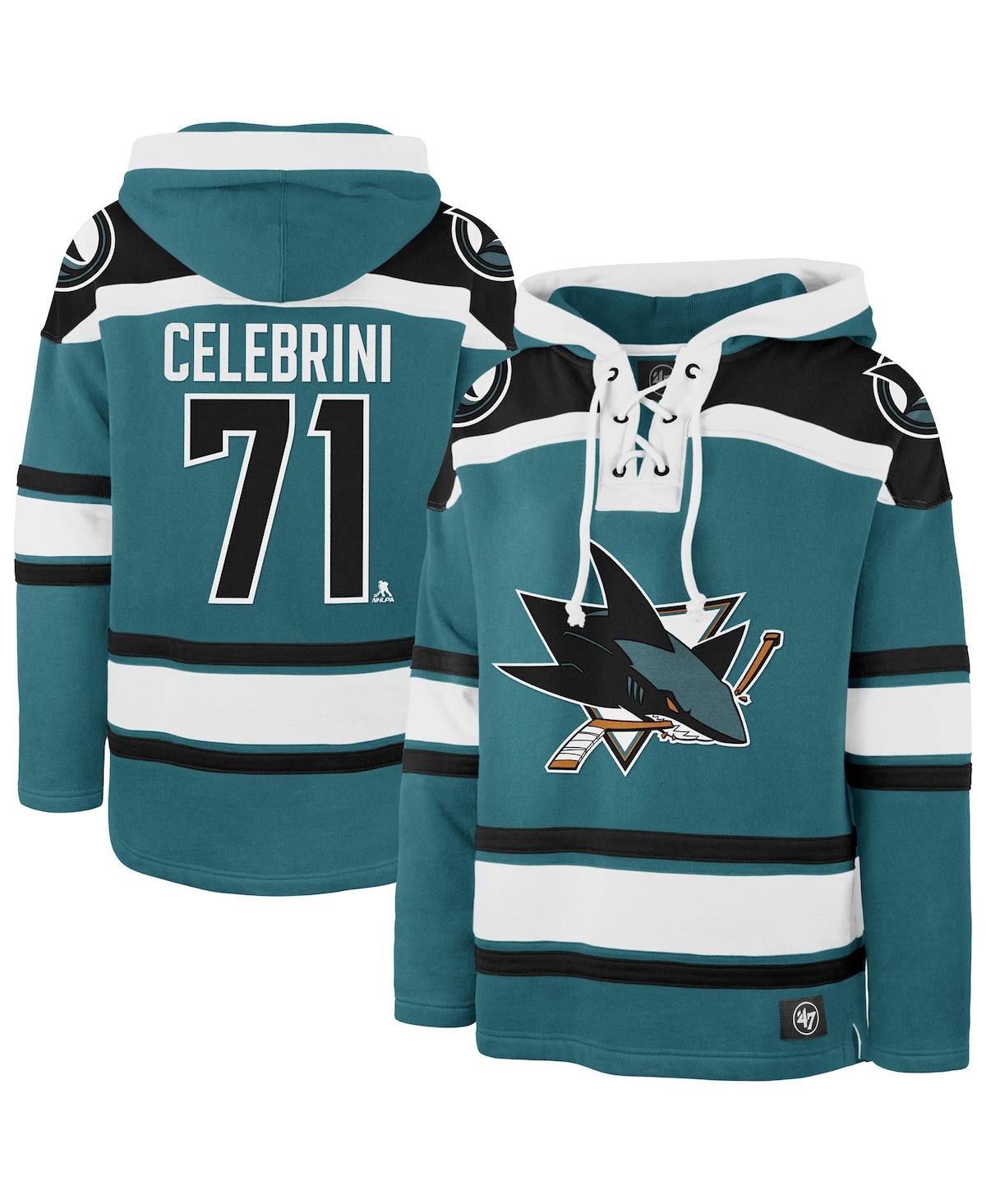 Click here for 47 Brand Mens Macklin Celebrini Teal San Jose Shar... prices