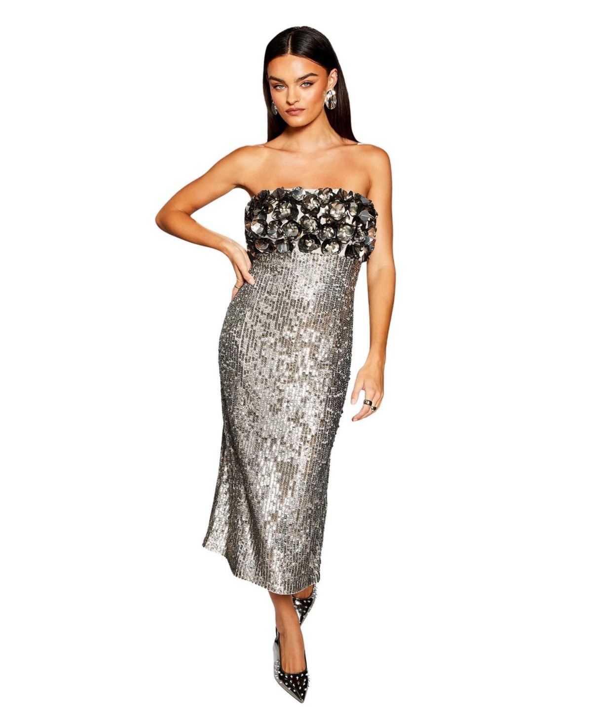 Click here for Warehouse Womens Runway Column Midi Dress - Silver prices