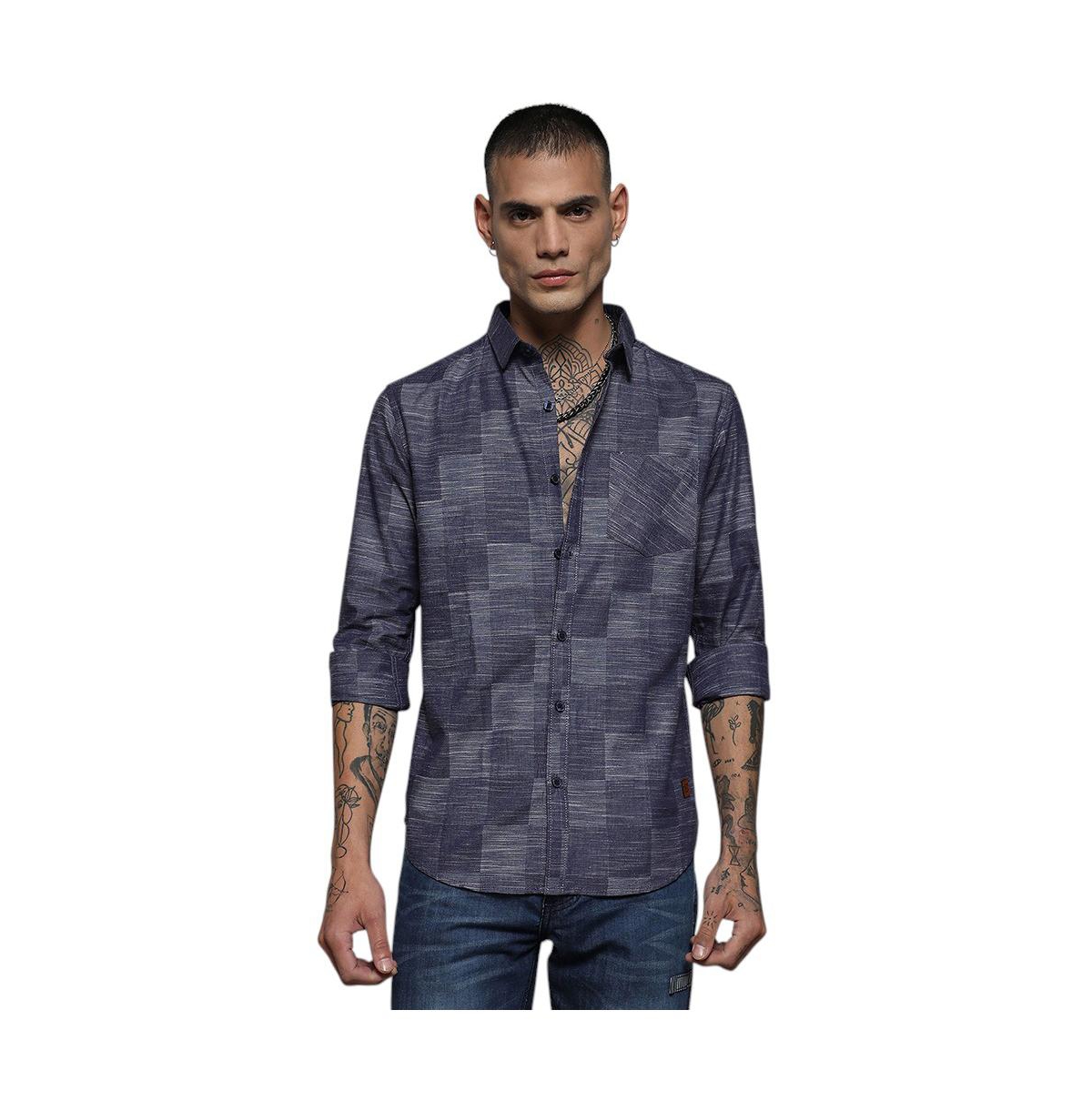 Click here for Campus Sutra Mens Steel Blue Heathered Denim Check... prices