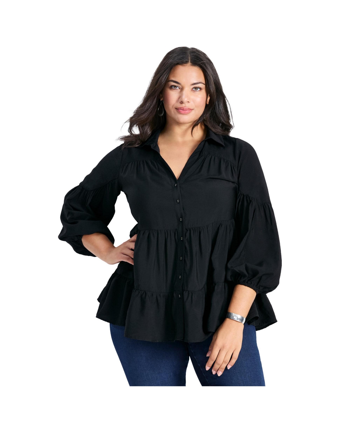 Click here for Avenue Womens Amari Tiered Tunic Shirt - Black prices