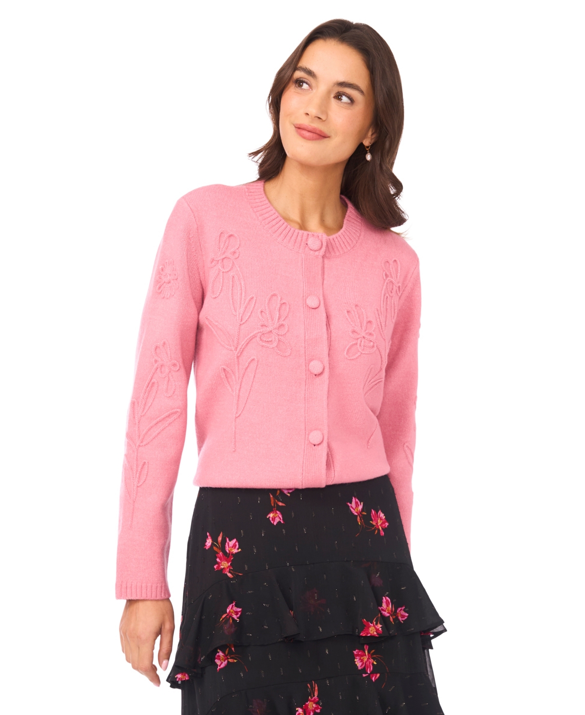 CeCe Womens Flower Embroidery Long Sleeves Cardigan Sweater - Rose