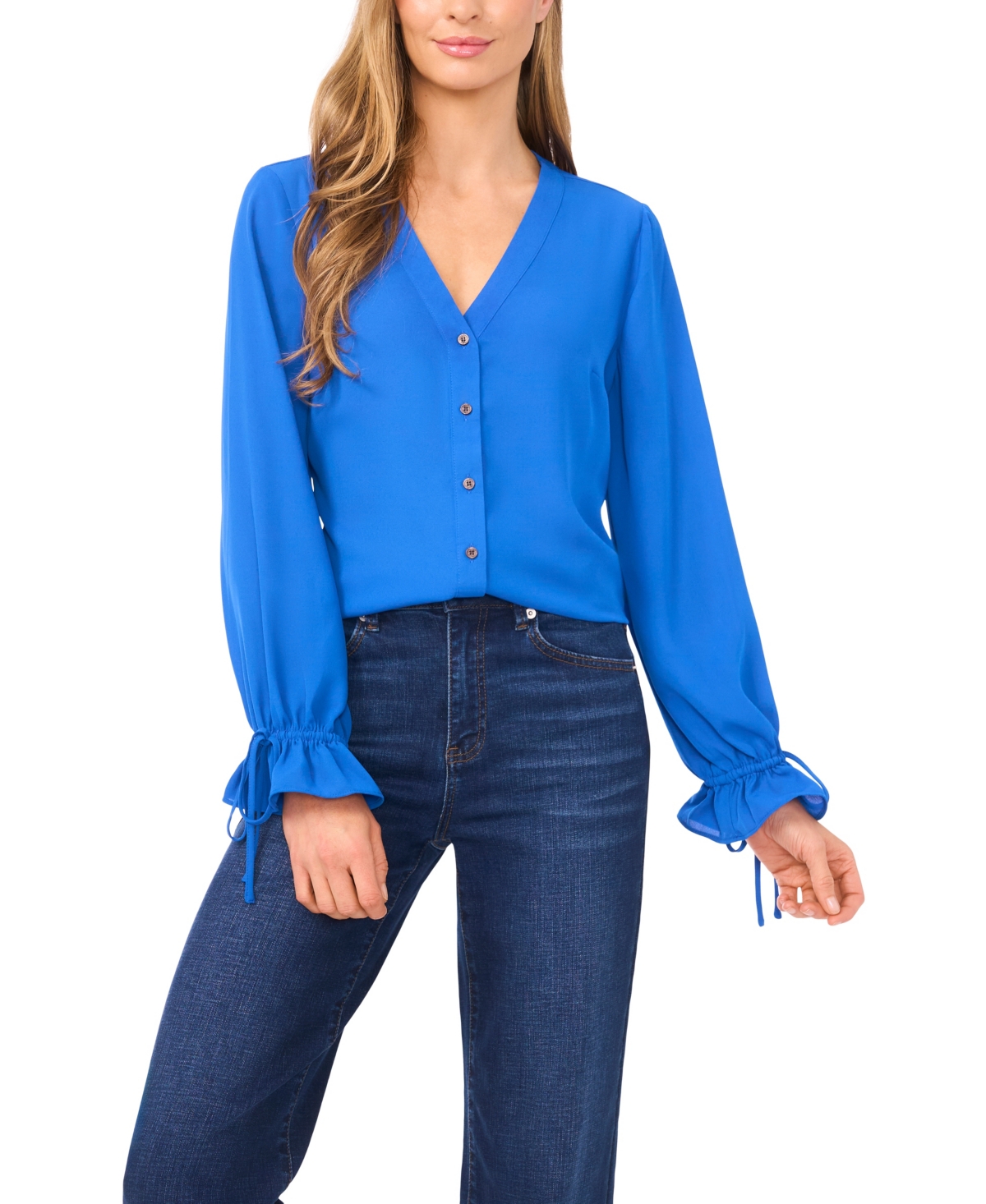 Click here for CeCe Womens V-Neck Button Down Lace Flounce Trim T... prices