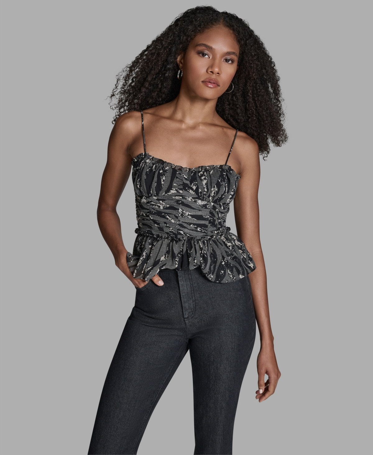 Click here for Bcbg Womens Printed Sleeveless Ruffle Tank - Black... prices