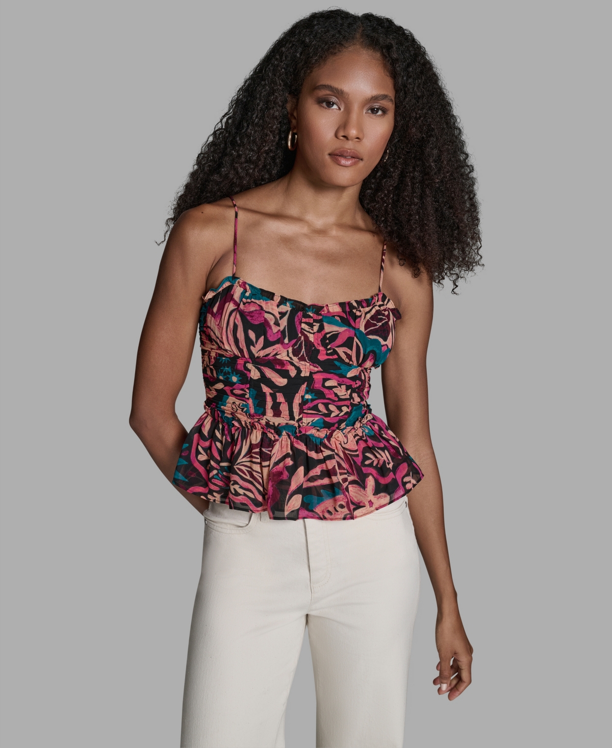 Click here for Bcbg Womens Printed Sleeveless Ruffle Tank - Black... prices