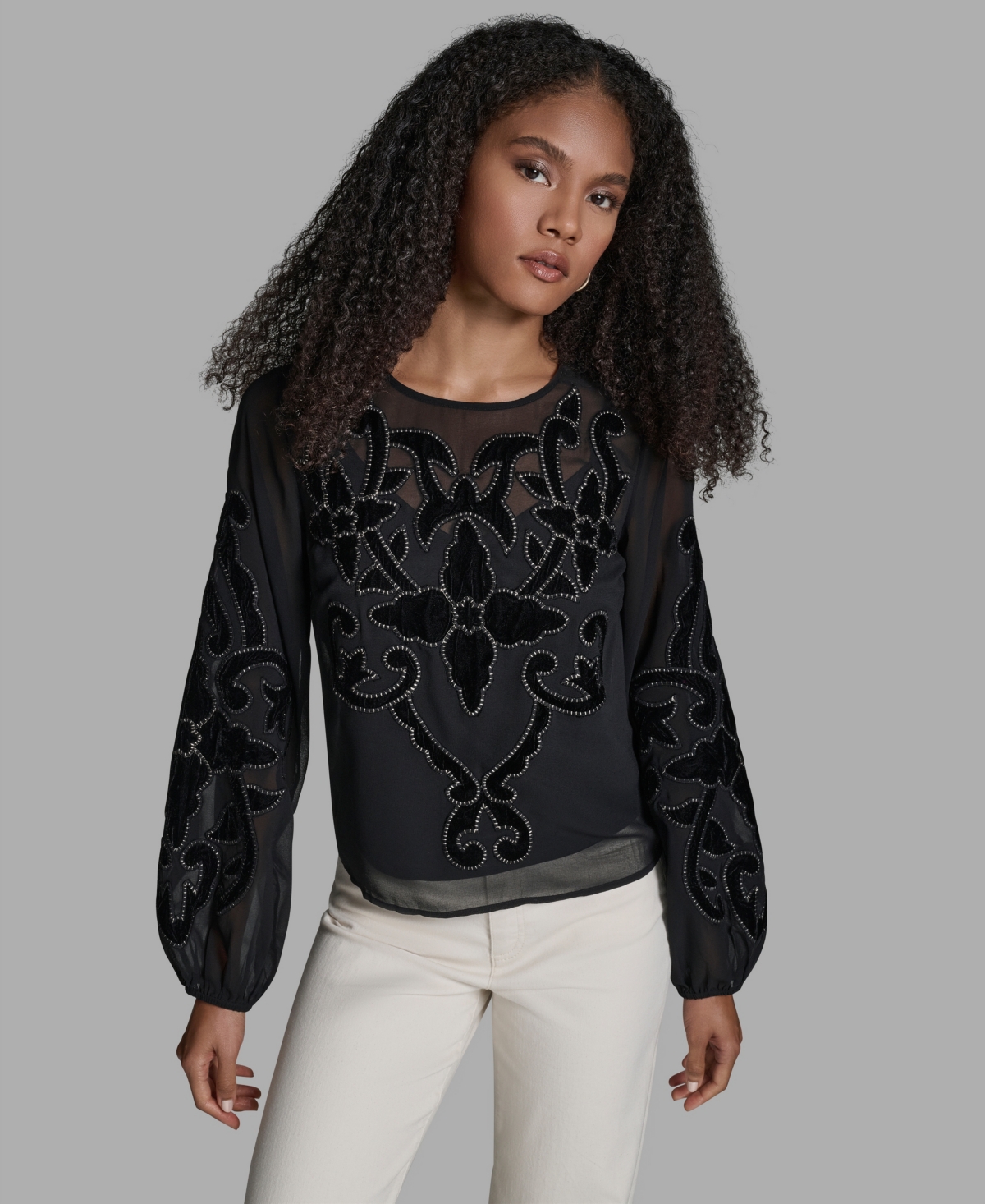 Click here for Bcbg Womens Long-Sleeve Applique Top - Black prices