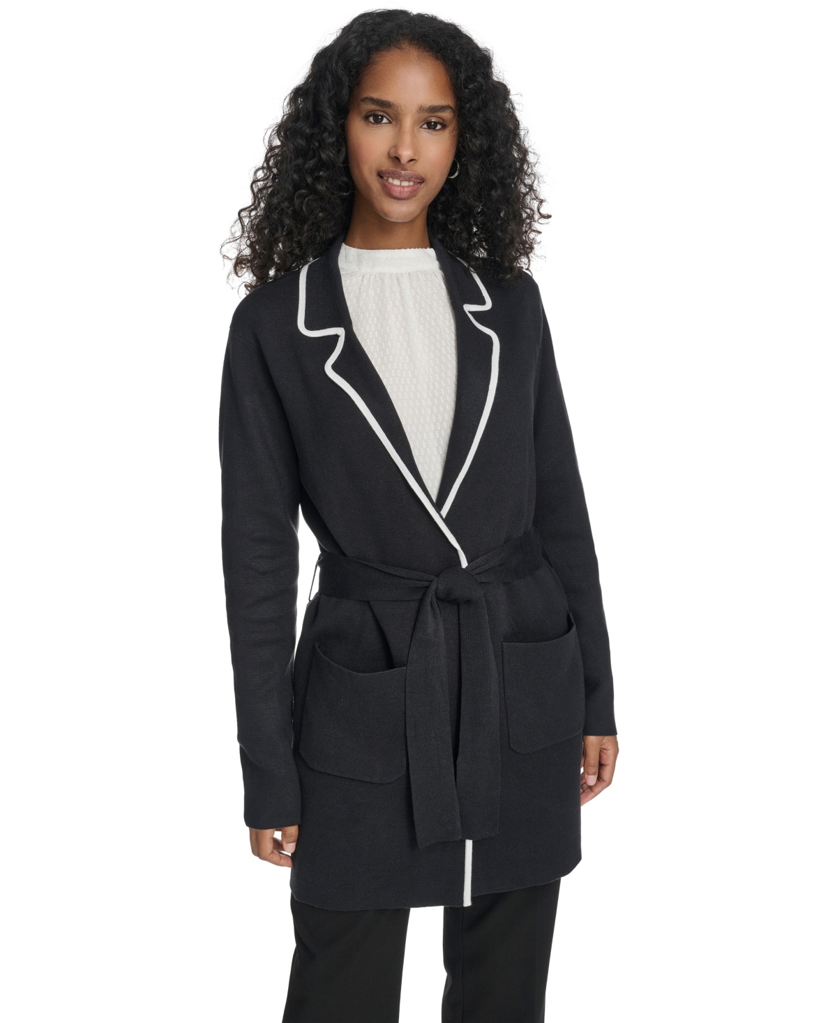 Click here for Calvin Klein Womens Tie-Waist Contrast Collar Swea... prices