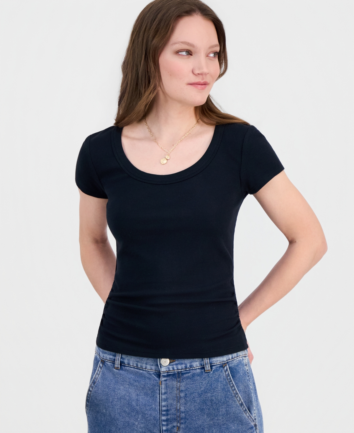 Click here for Self Esteem Juniors Side-Ruched Ribbed-Knit T-Shir... prices