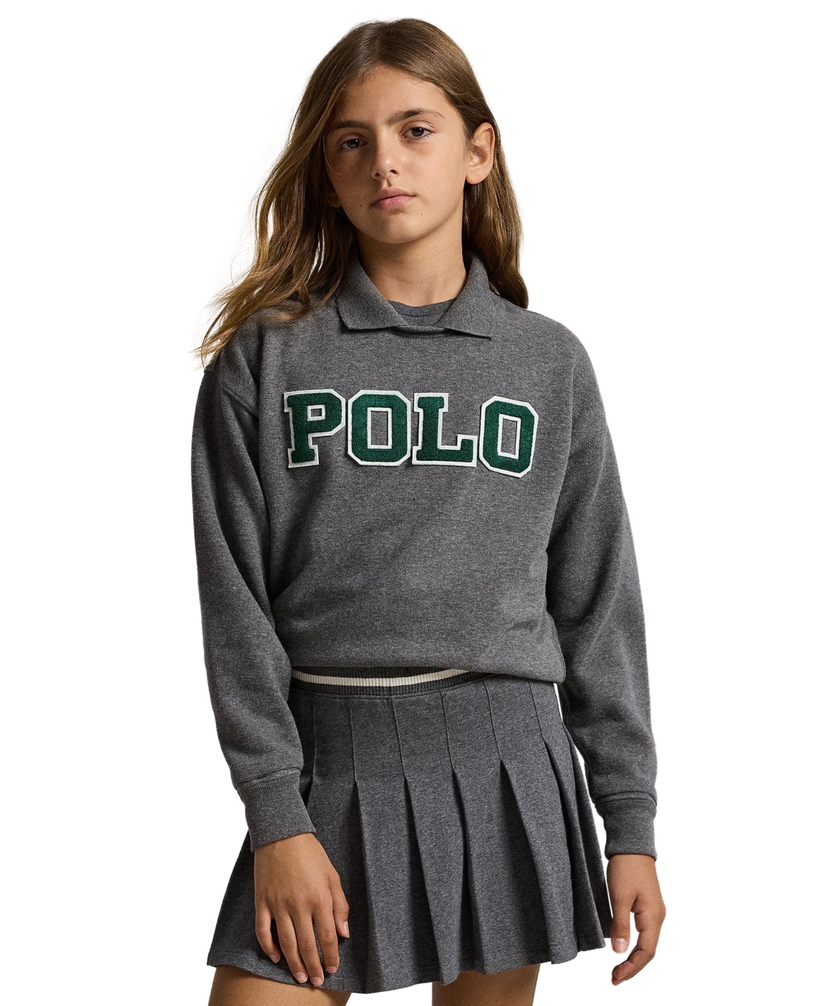 Polo Ralph Lauren Girls 7-16 Logo Fleece Polo Sweatshirt - Gray Heather