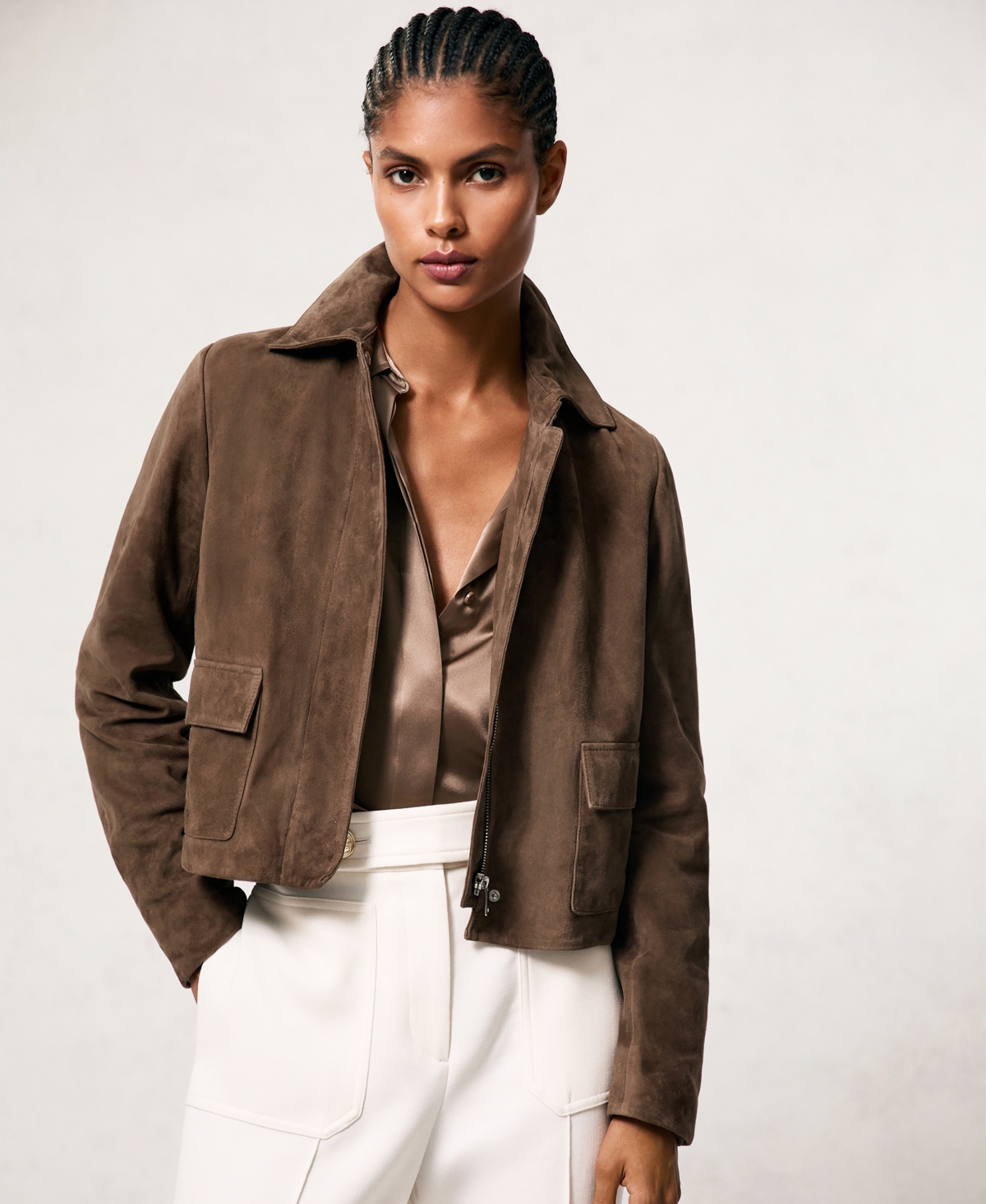 Click here for Reiss Womens Drew Cropped Suede Jacket - Taupe  Ne... prices