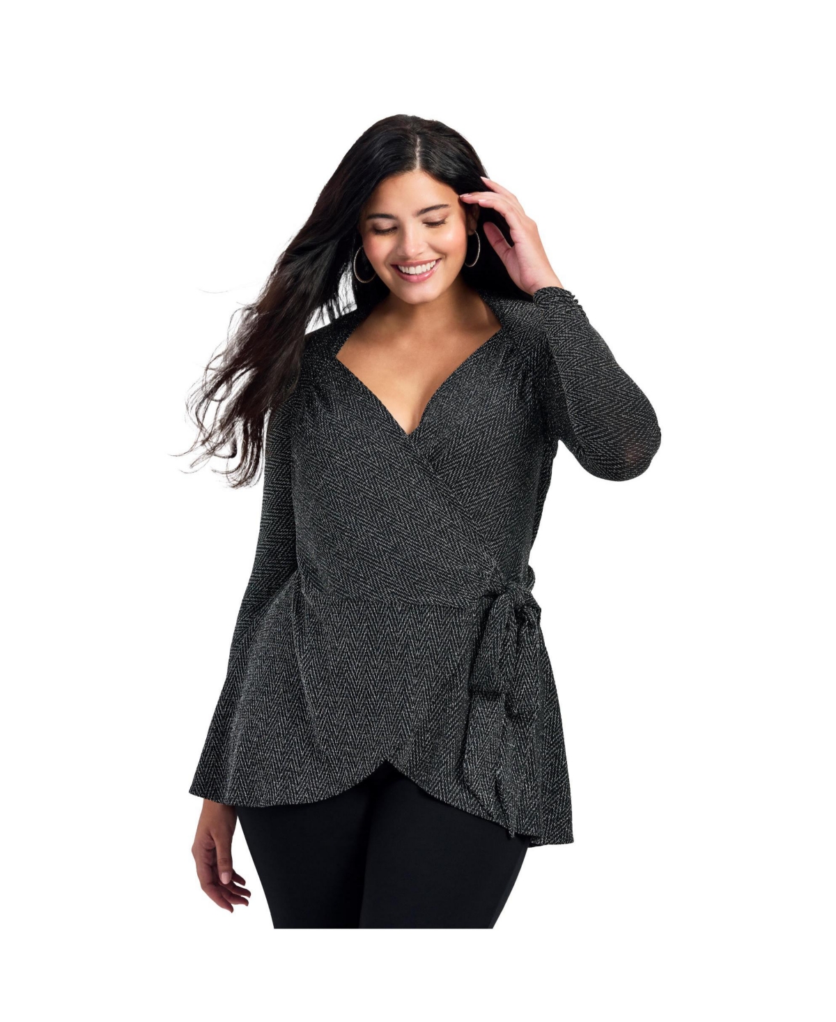 Click here for Avenue Womens Glamour Sparkle Wrap Top - Black prices