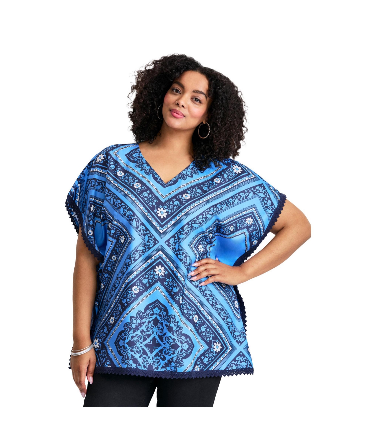 Click here for Avenue Womens Crochet Trim Poncho Top - Blue scarf... prices