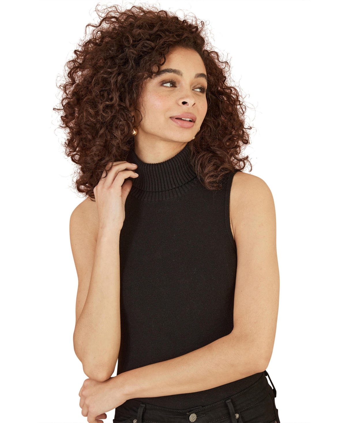 Click here for Yumi Womens Roll Neck Sleeveless Sweater - Black prices