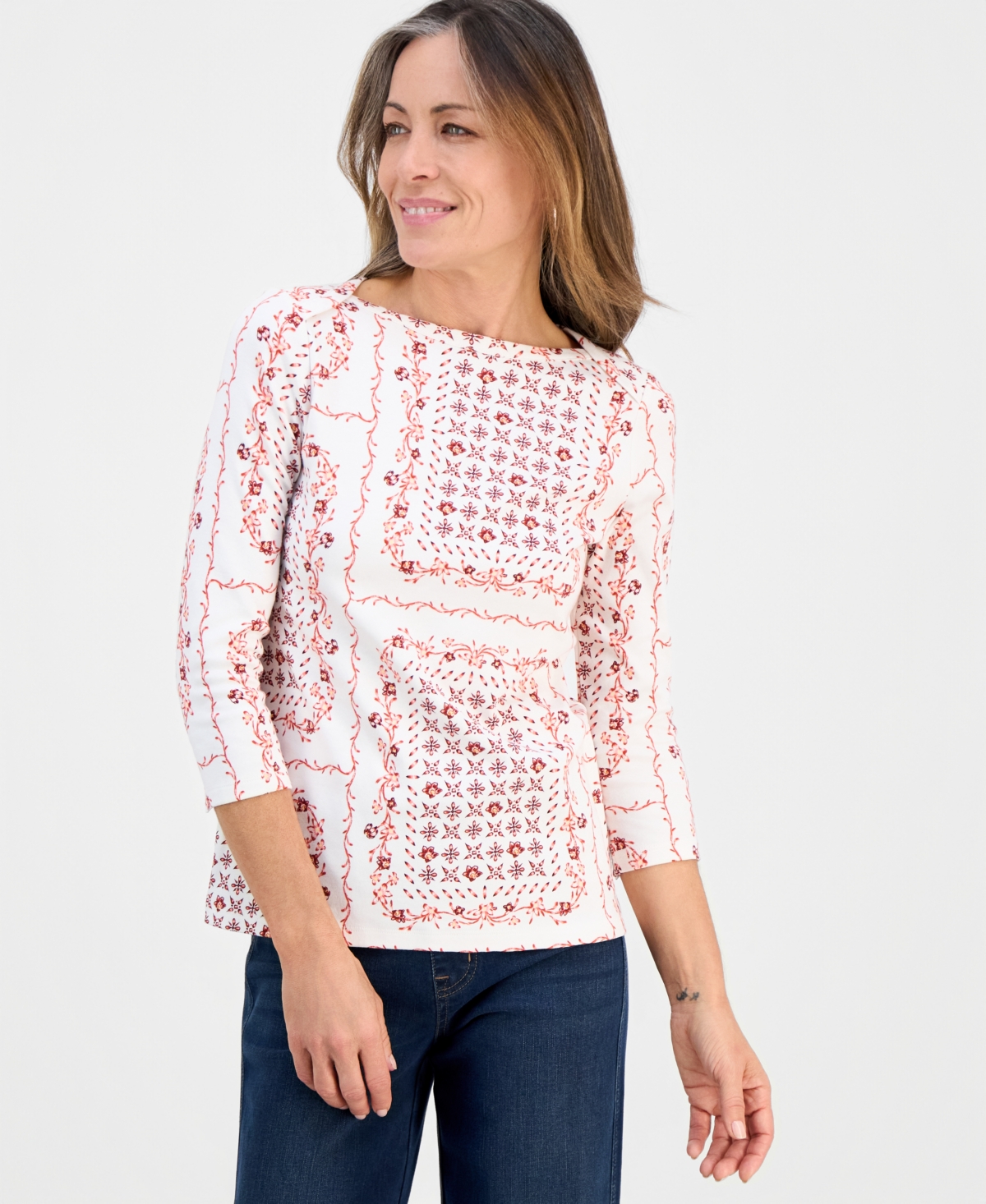 Click here for Style & Co Peite Printed Boat-Neck Pima Cotton Top... prices