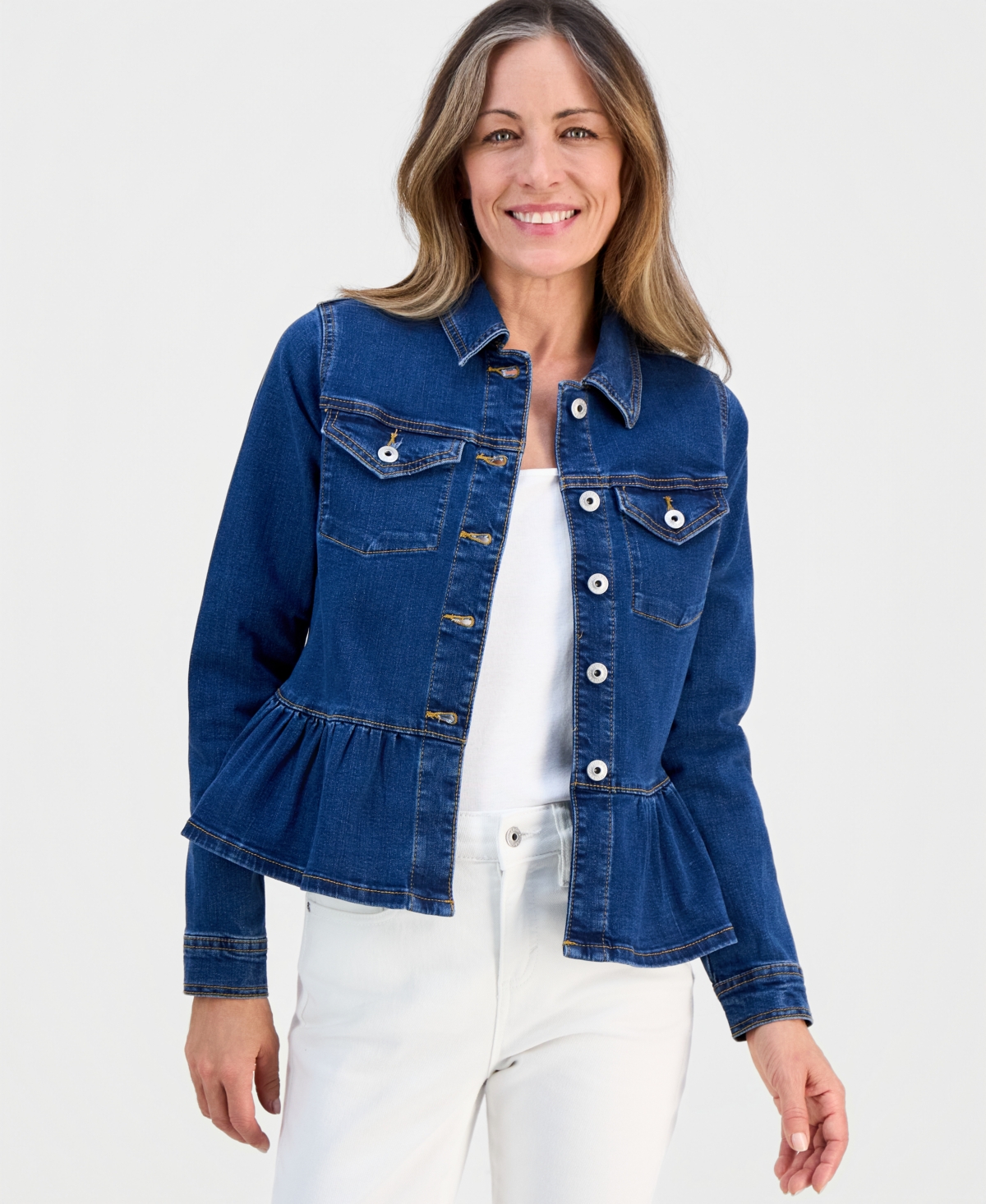 Click here for Style & Co Petite Button-Front Peplum Denim Jacket... prices