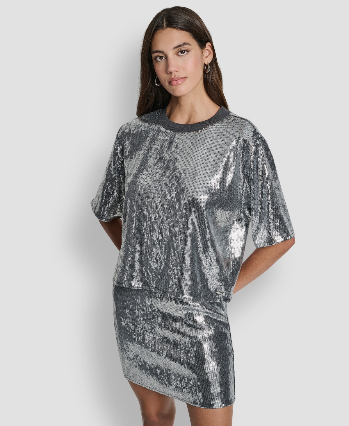 Click here for Dkny Jeans Womens Sequins Crewneck Boxy Short-Slee... prices