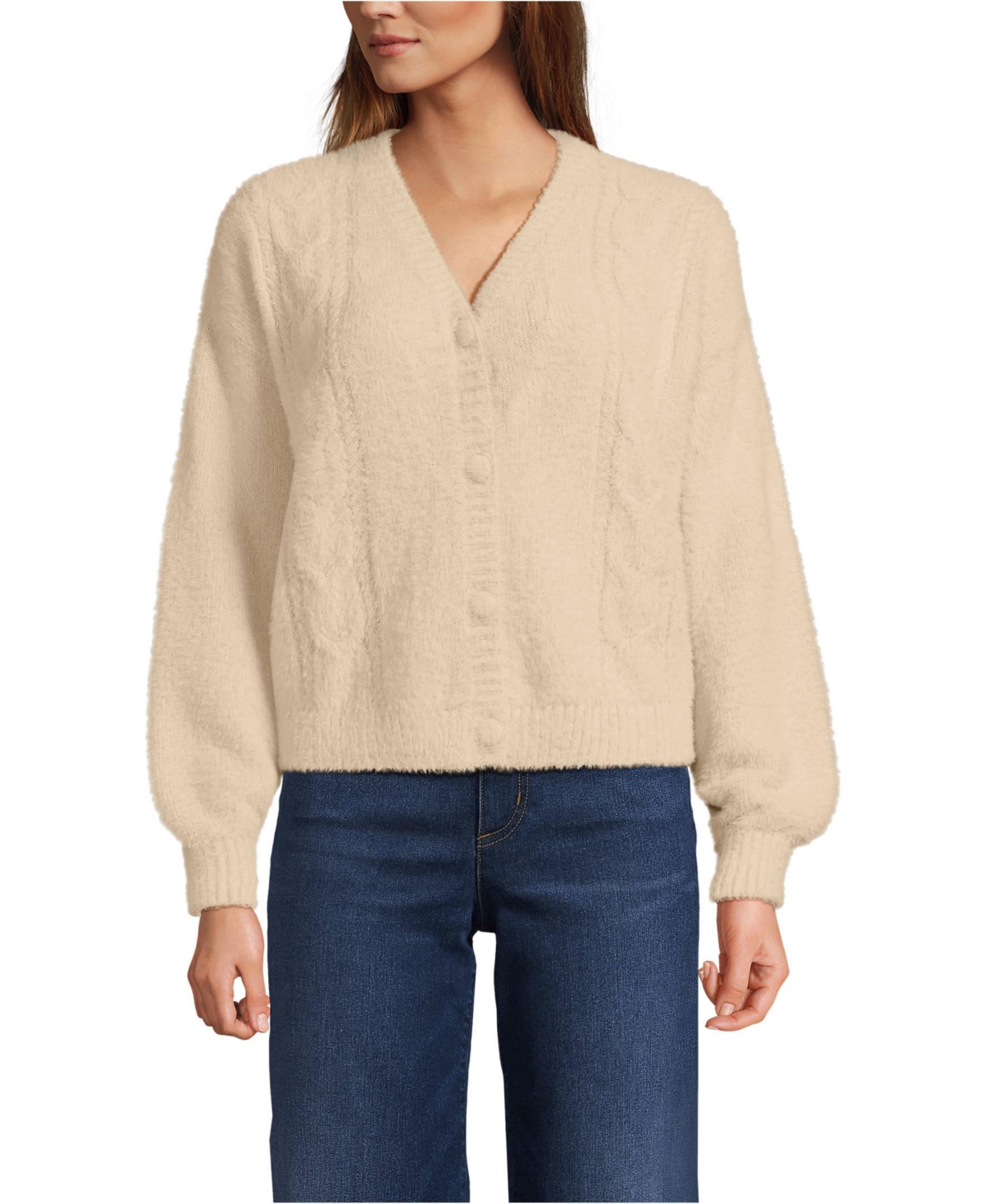 Click here for Lands End Womens Fuzzy Eyelash Cable Cardigan Swea... prices