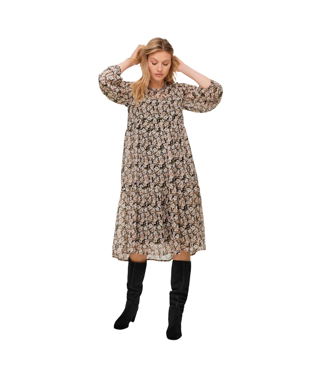 Click here for ellos Plus Size Sheer Overlay Tiered Dress - Black... prices